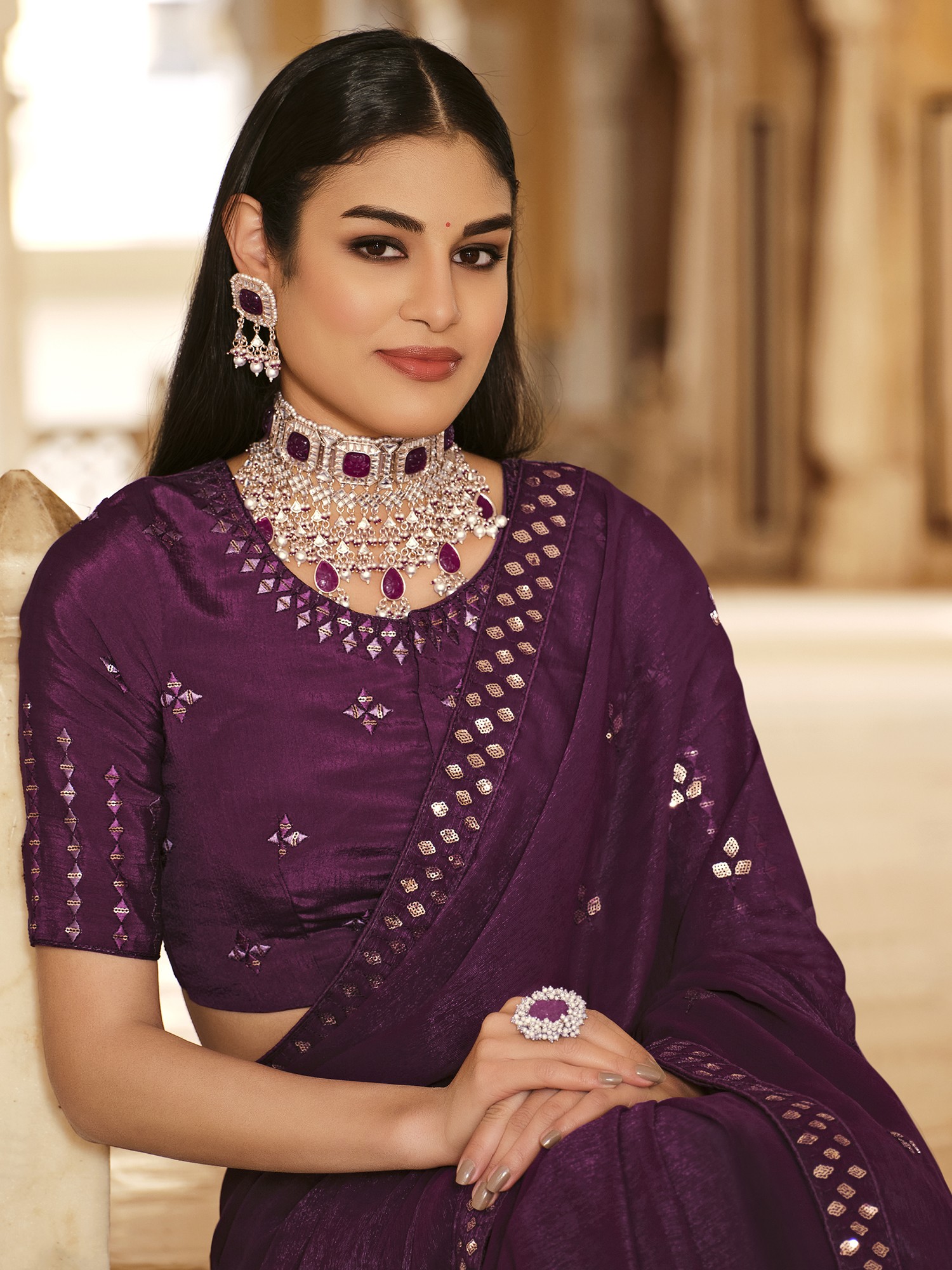 Purple Butti Motif Chinon Saree with Matching Blouse and Sequins-Thread ...