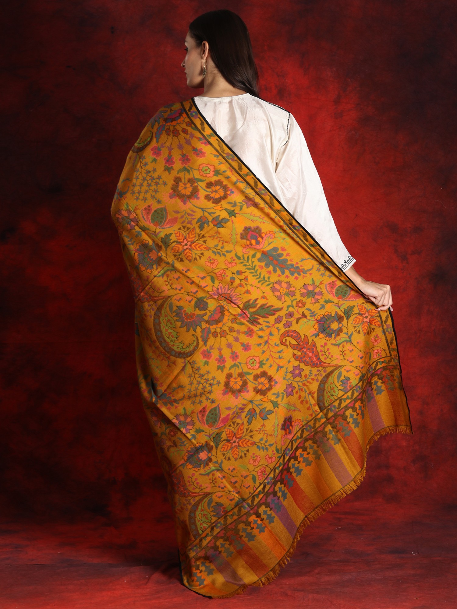 Pure Pashmina Phool Bial Pattern Mustard Colored Kani Shawl | Exotic ...