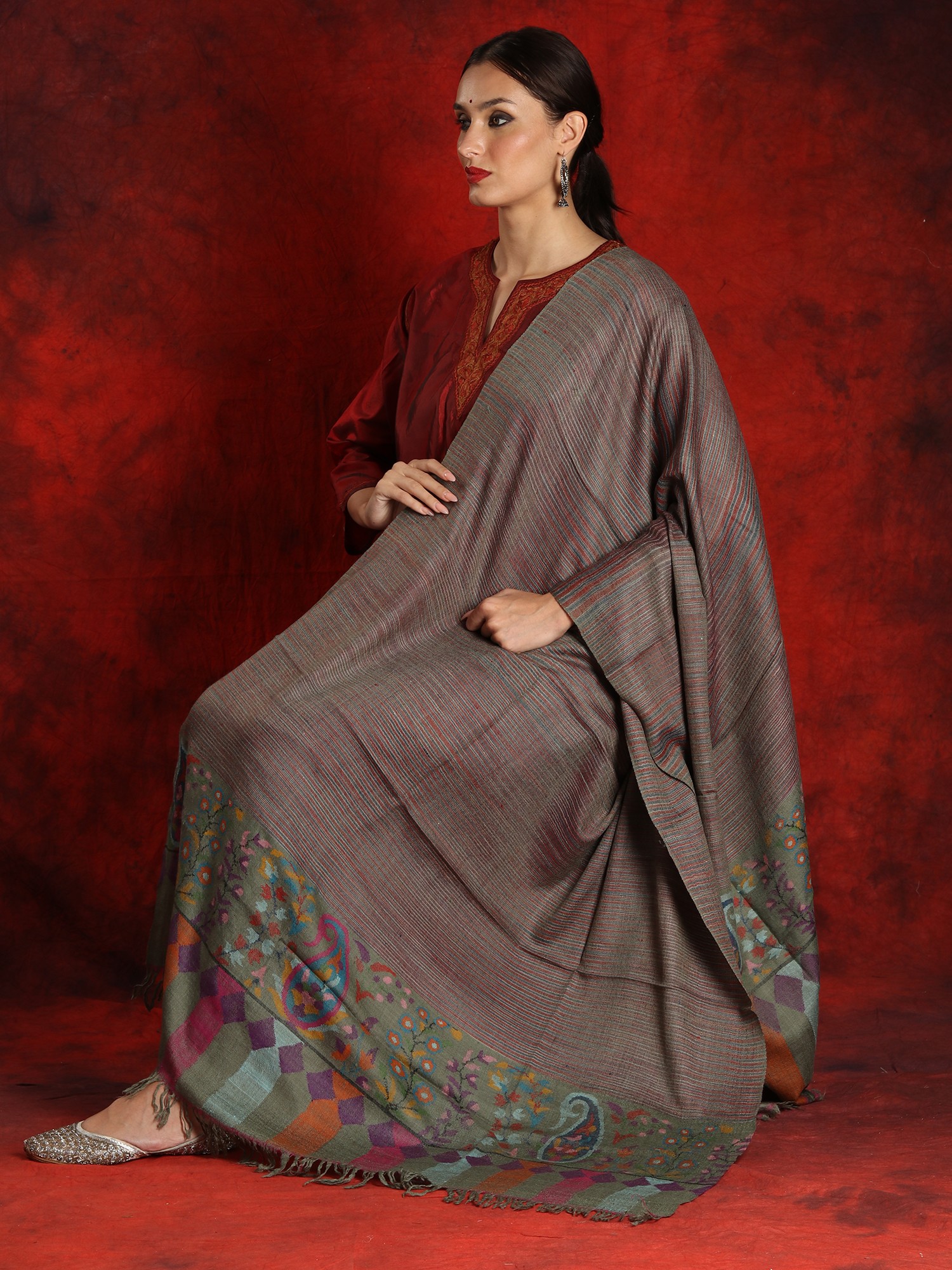 Pure Pashmina Multi-Colored Kani Striped Pattern Shawl with Palla ...