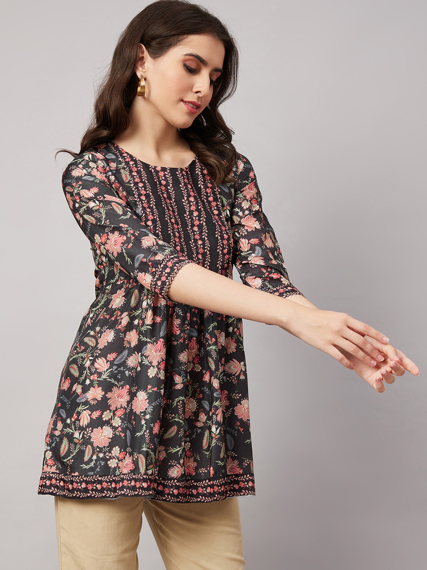 Chinon Floral Digital Printed Short Top | Exotic India Art