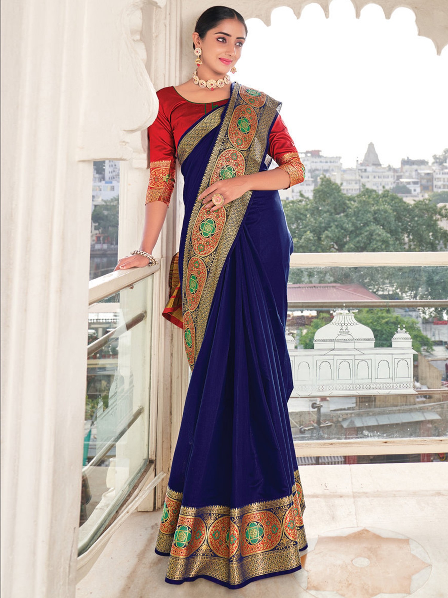Navy-Blue Khadi Silk Broad Border Saree with Blouse | Exotic India Art