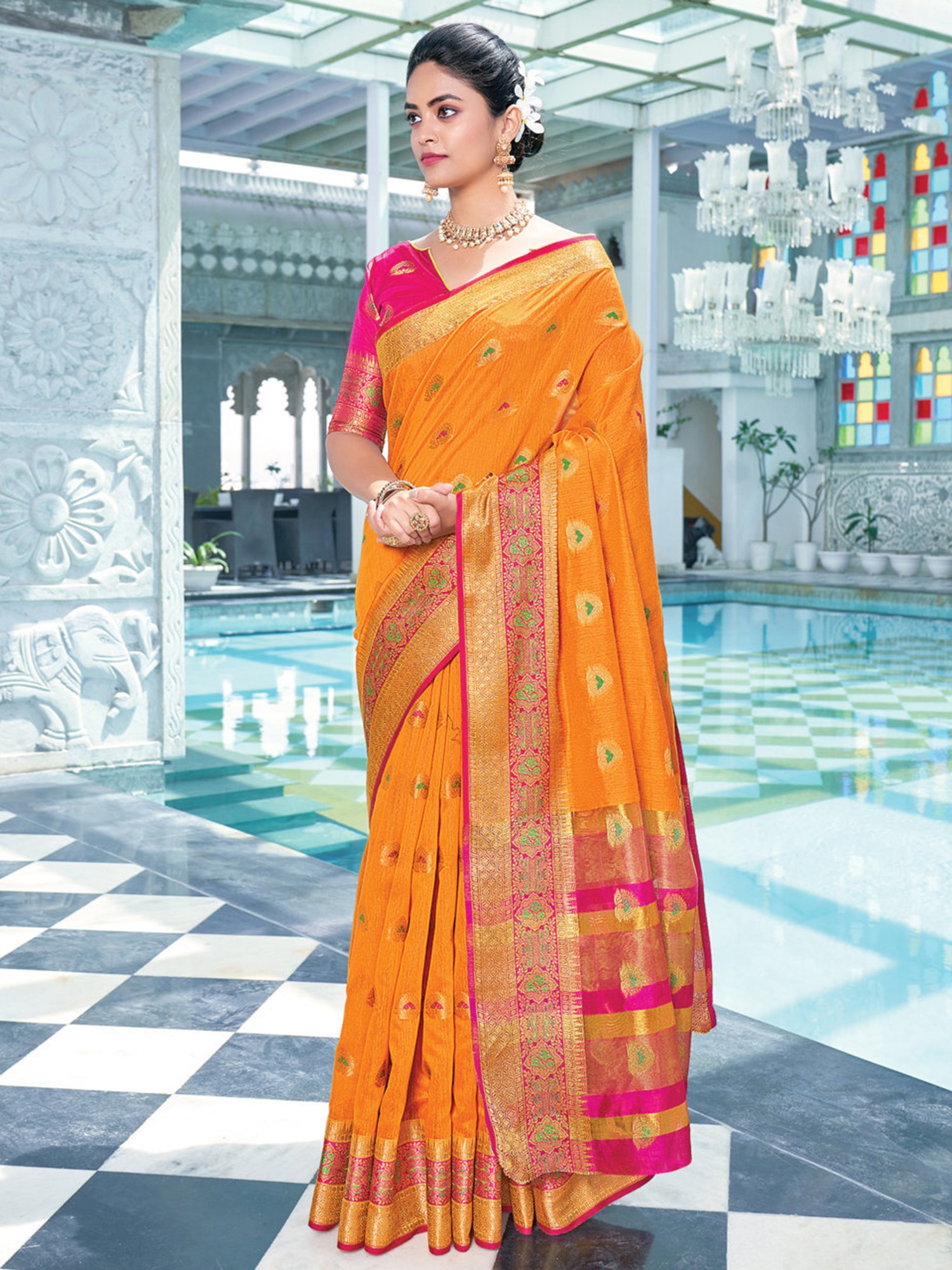 Mustard-Yellow Cotton Butta Motif Saree With Broad Border And Blouse ...