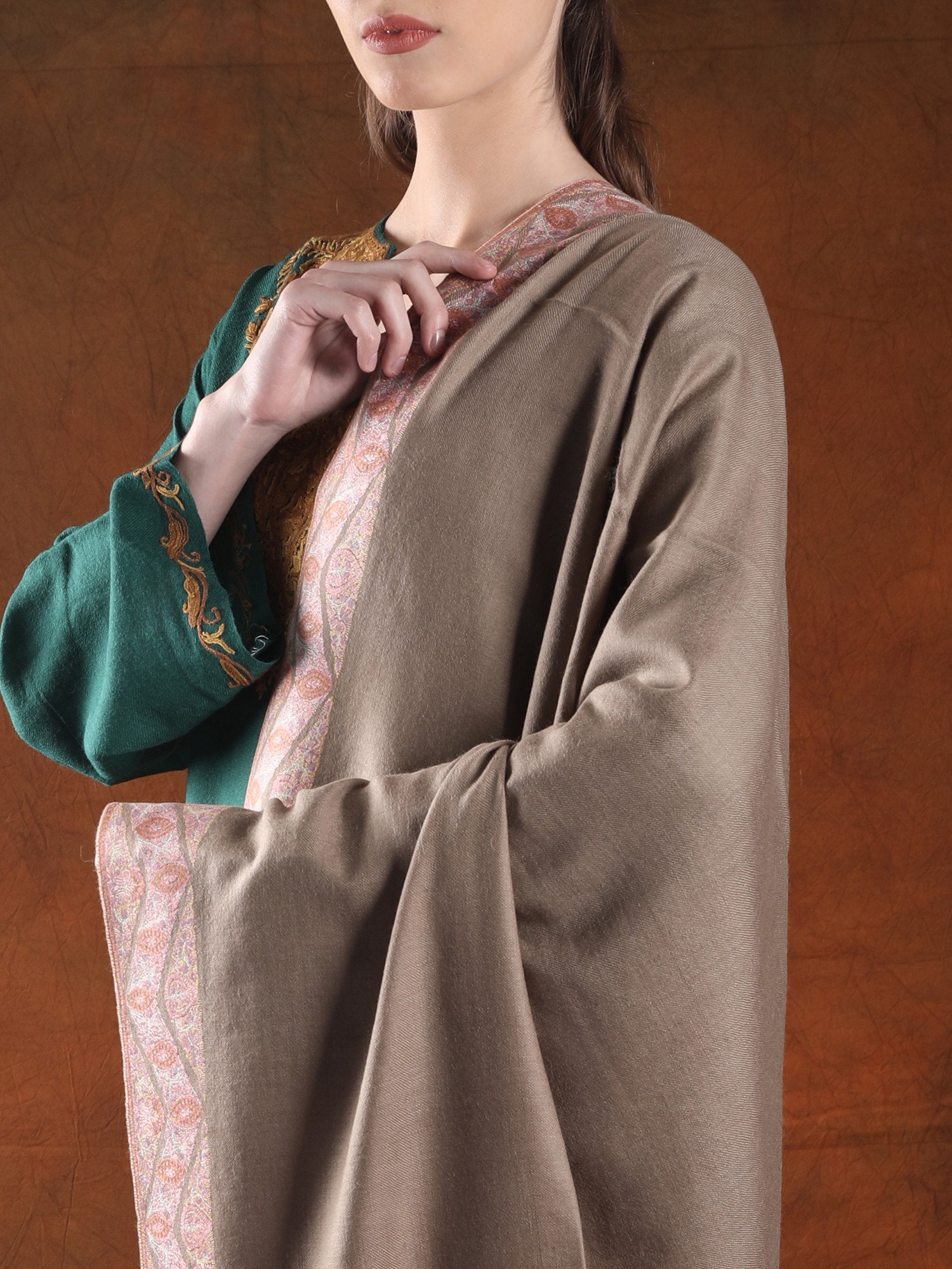 Travertine Color Pashmina Handspun Shawl With Multicolor Cotton ...