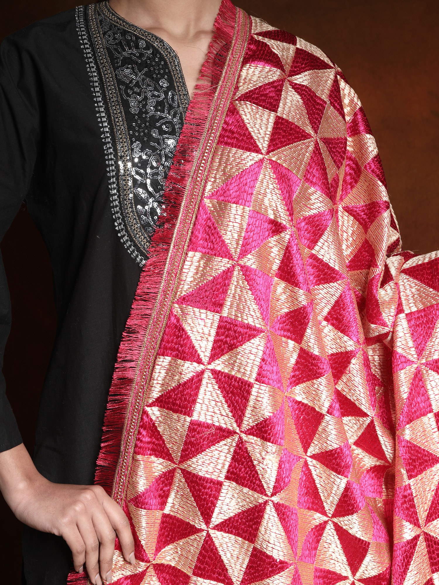 Phulkari Thread Embroidered Dupatta from Punjab with Jhalar Border and ...