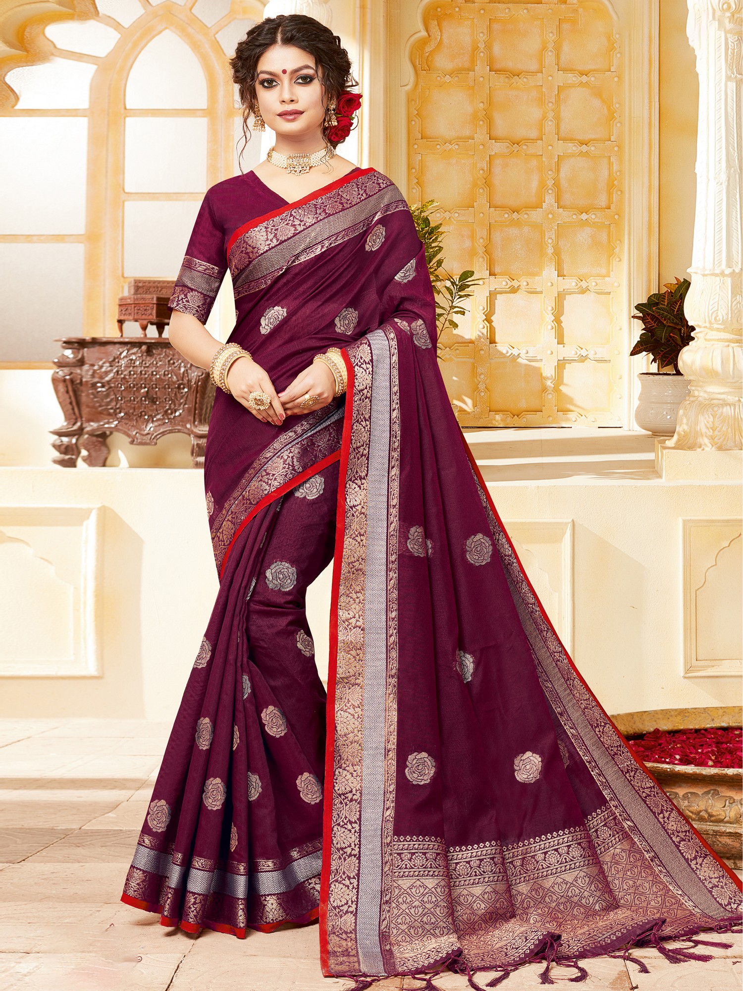 Cotton Handloom Saree With Floral Border And Tassels Pallu | Exotic ...