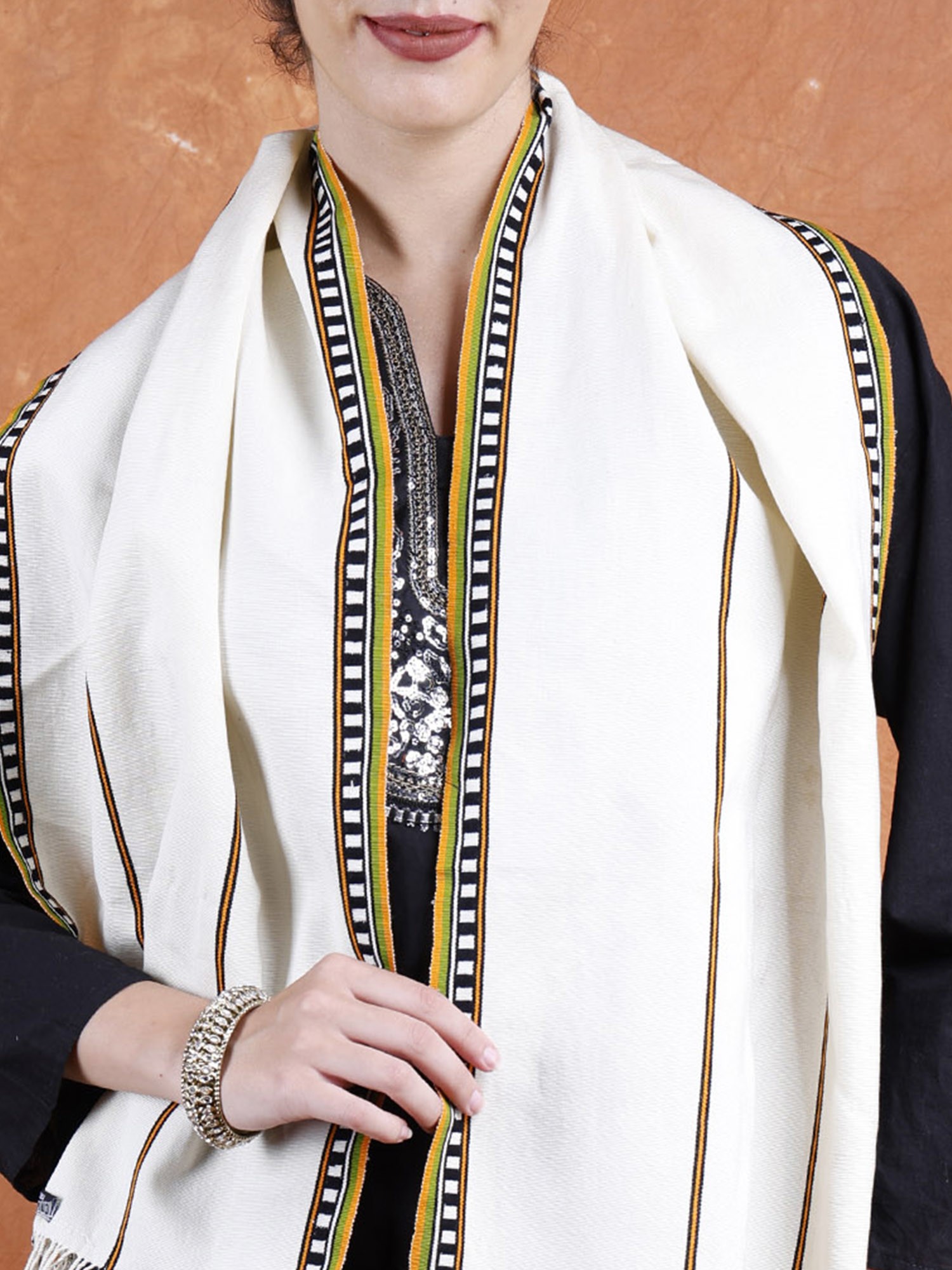 Cannoli-Cream Leirum Scarf from Nagaland with Stripe Pattern | Exotic ...