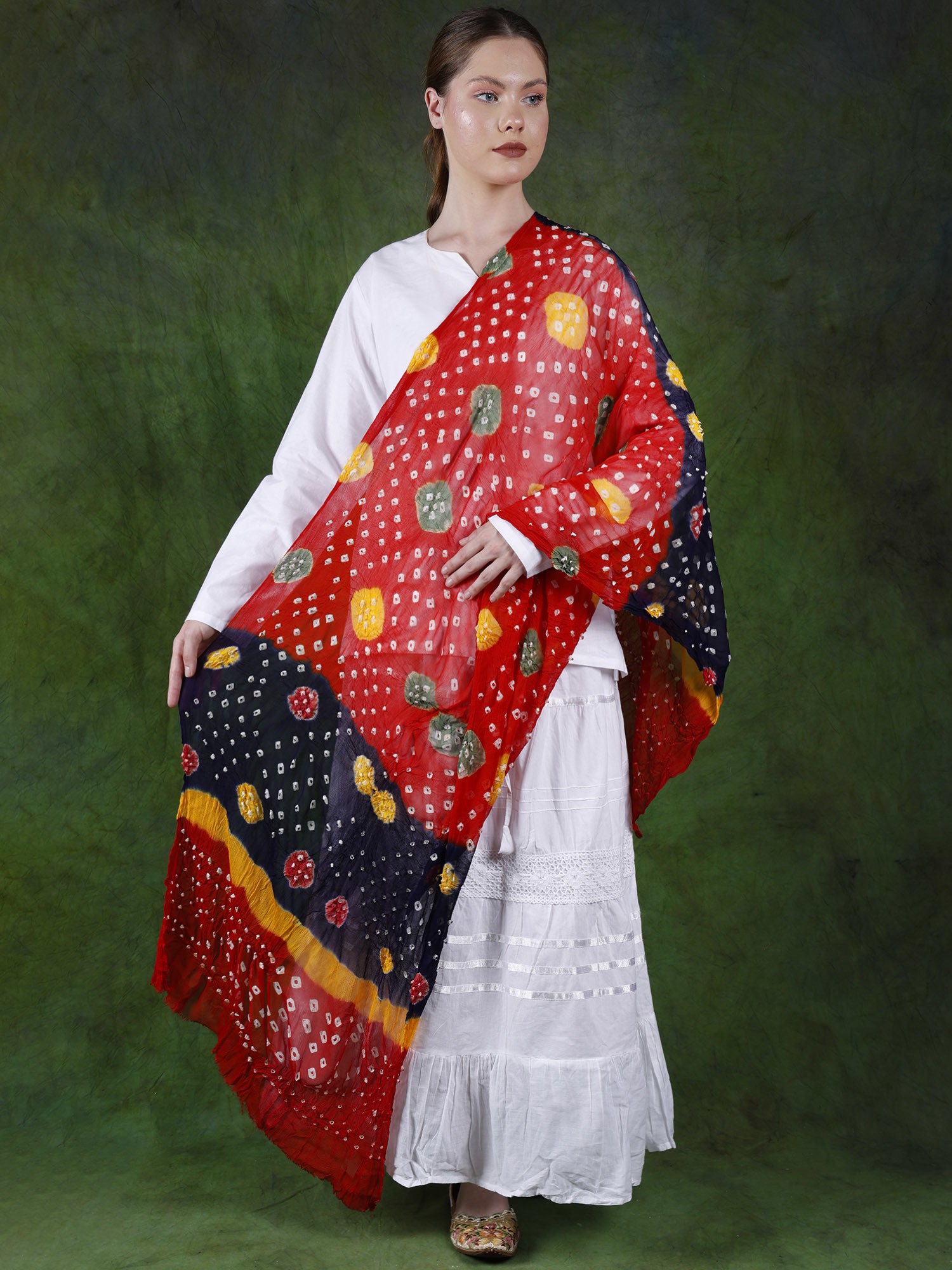 Tri-Color Rayon Bandhani Tie-Dye Printed Dupatta from Gujarat | Exotic ...
