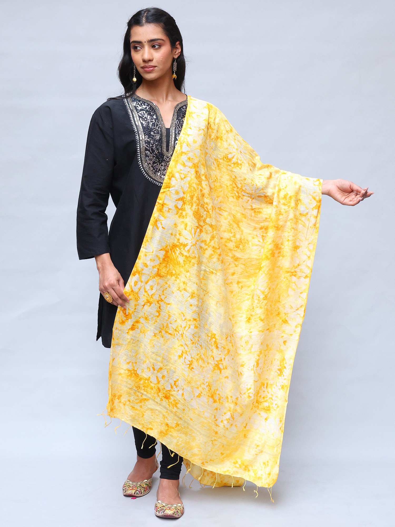 Batik-Dyed Dupatta with Floral Print from Telangana | Exotic India Art