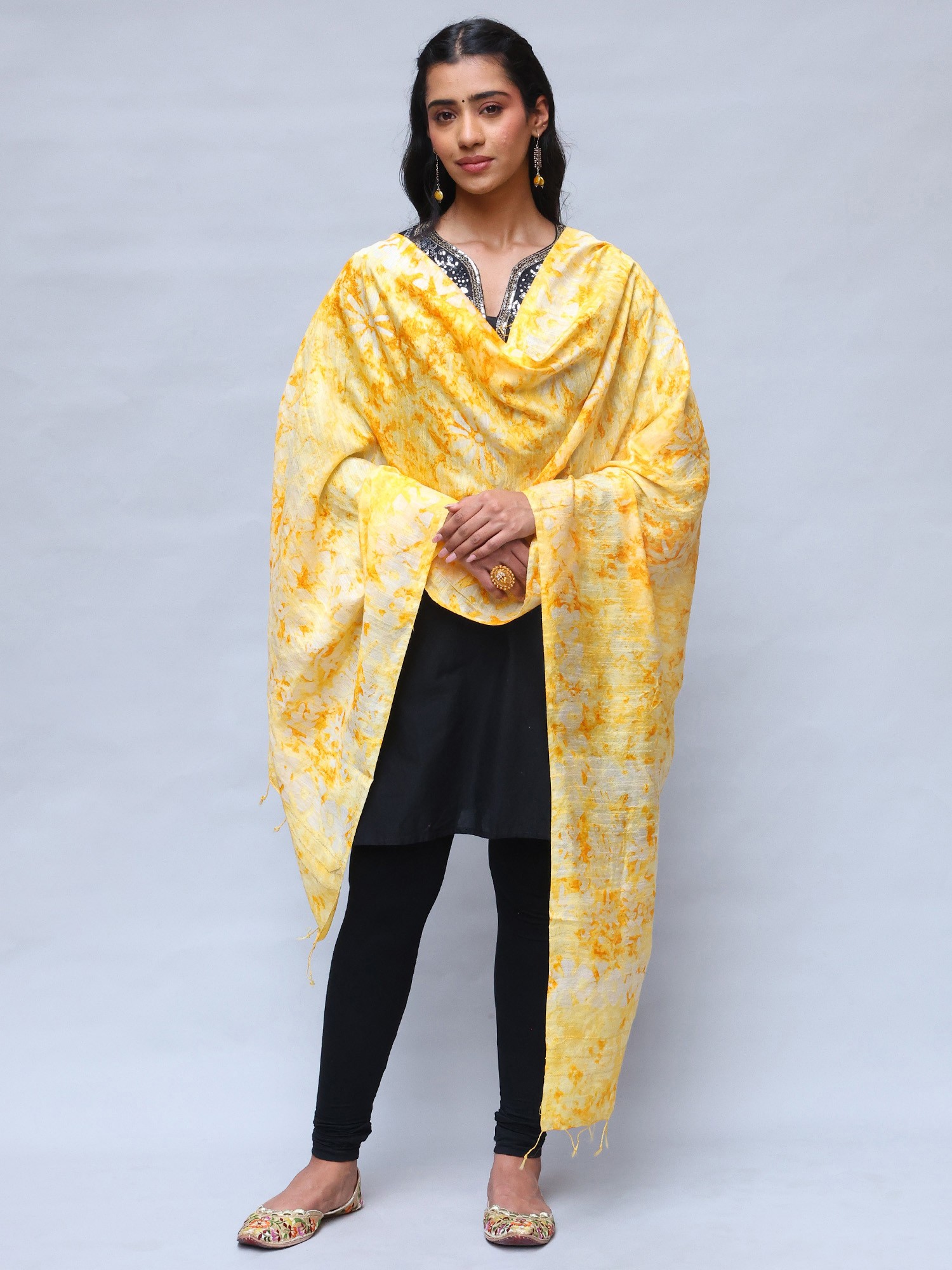 Batik-Dyed Dupatta with Floral Print from Telangana | Exotic India Art