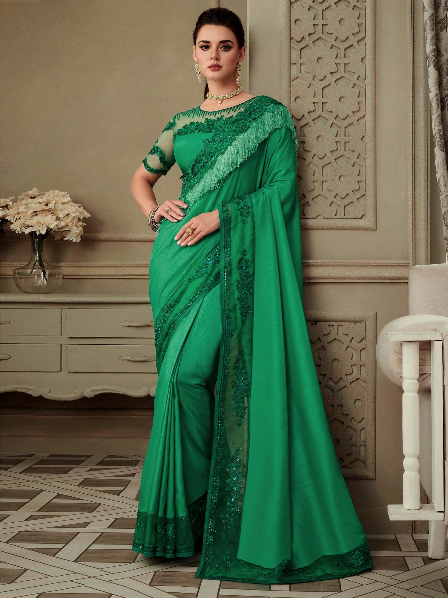 Exclusive Party Wear Elegant Silk Saree With Net Embroidered Border And ...
