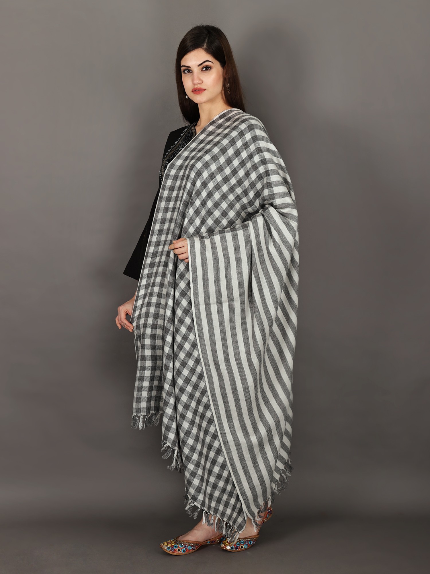 Black and White Check Pattern Handwoven Pure Wool Shawl From ...