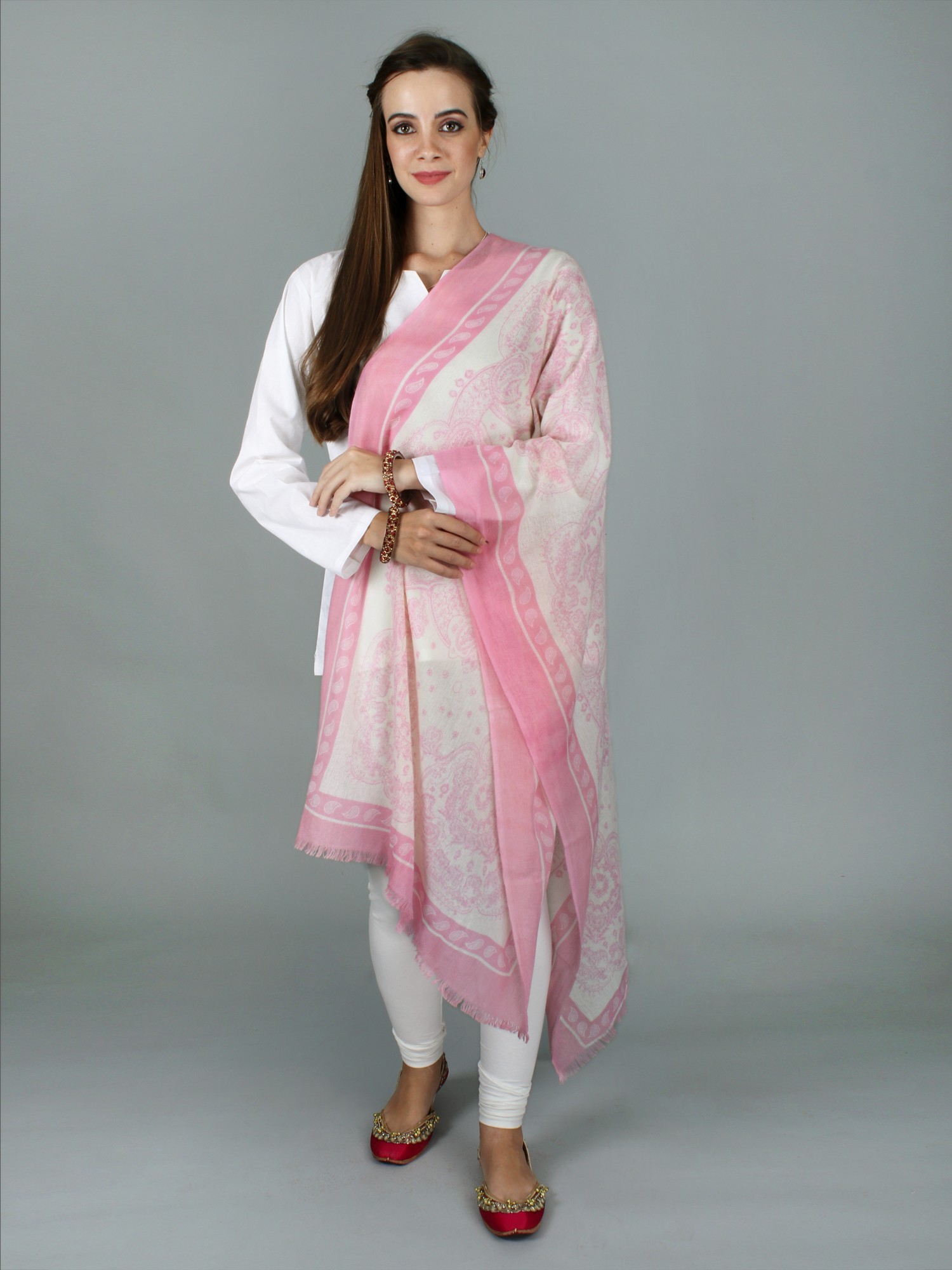 Pink-White Pure Wool Stole with Woven Paisley And Floral Motif | Exotic ...