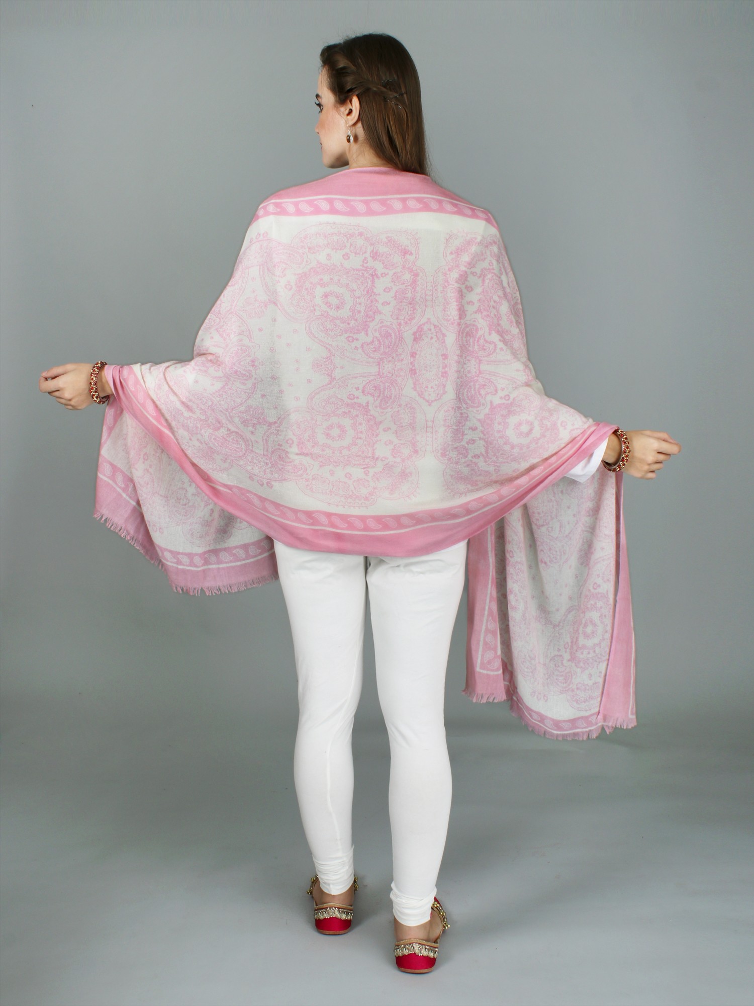 Pink-White Pure Wool Stole with Woven Paisley And Floral Motif | Exotic ...