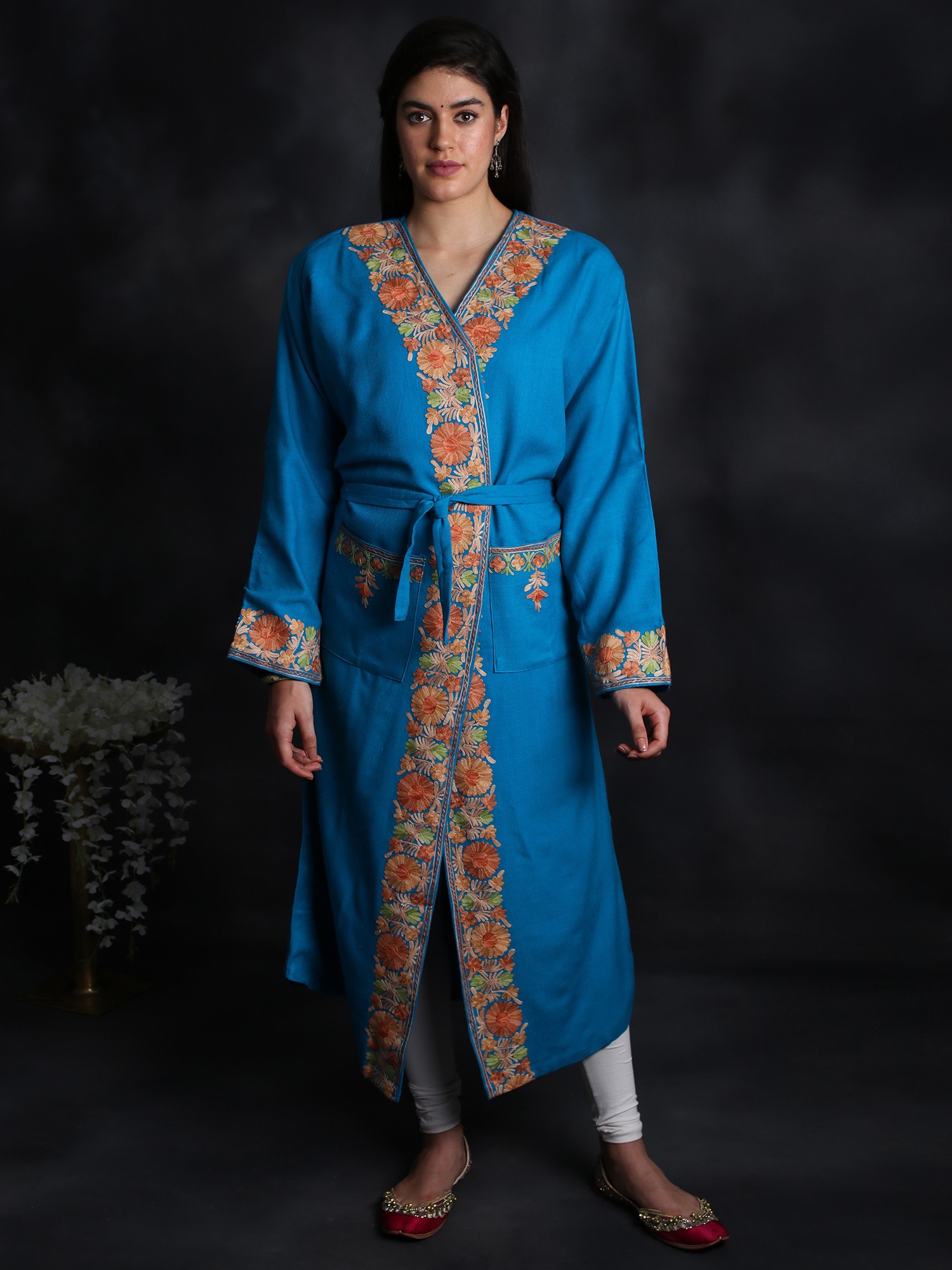 Enamel-Blue Kashmiri Robe with Aari Hand-Embroidered Flowers From ...