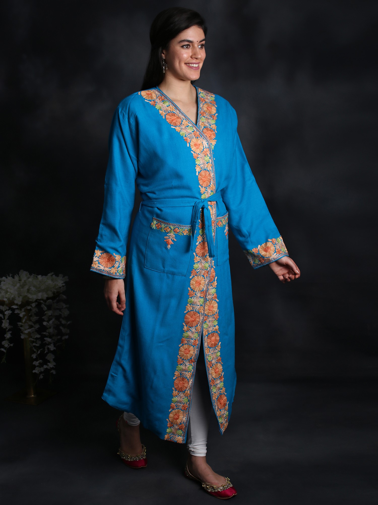 Enamel-Blue Kashmiri Robe with Aari Hand-Embroidered Flowers From ...