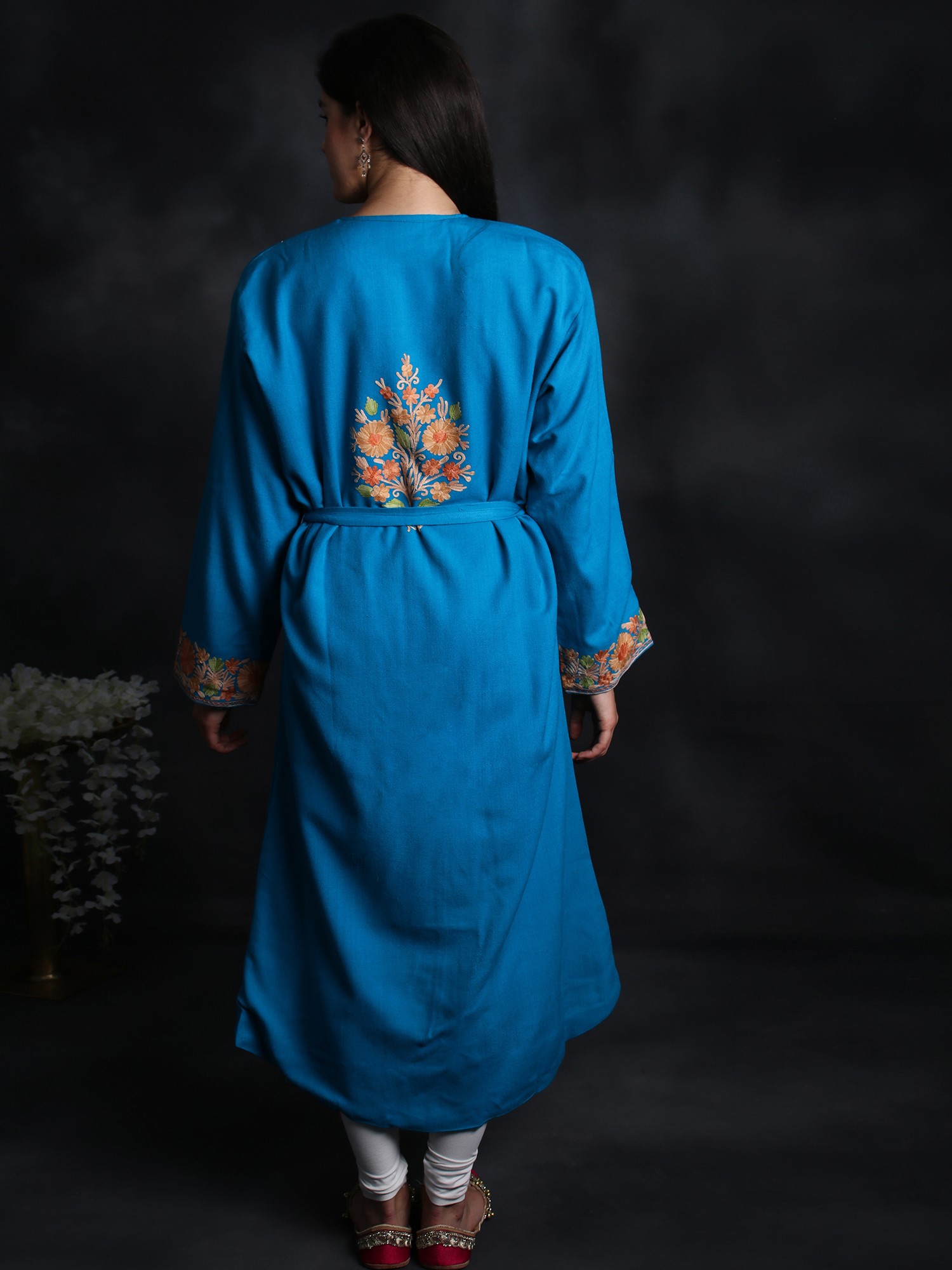 Enamel-Blue Kashmiri Robe with Aari Hand-Embroidered Flowers From ...