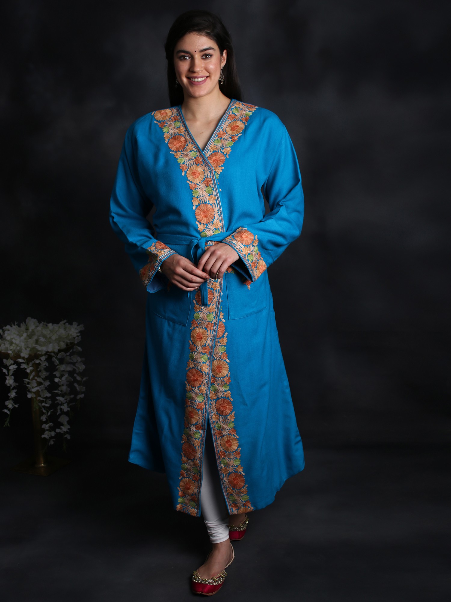 Enamel-Blue Kashmiri Robe with Aari Hand-Embroidered Flowers From ...