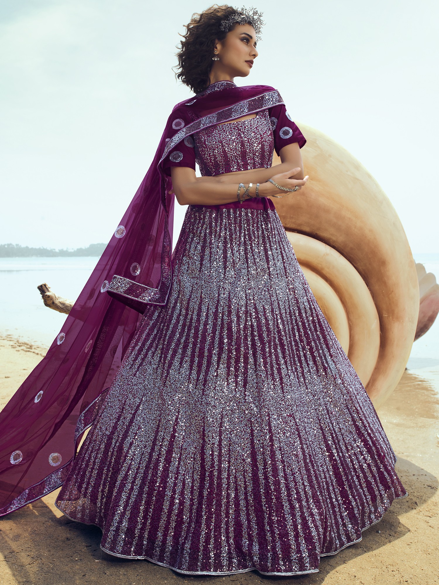 Wine Soft Net Heavily Sequin Embroidered Lehenga Choli with Dupatta ...