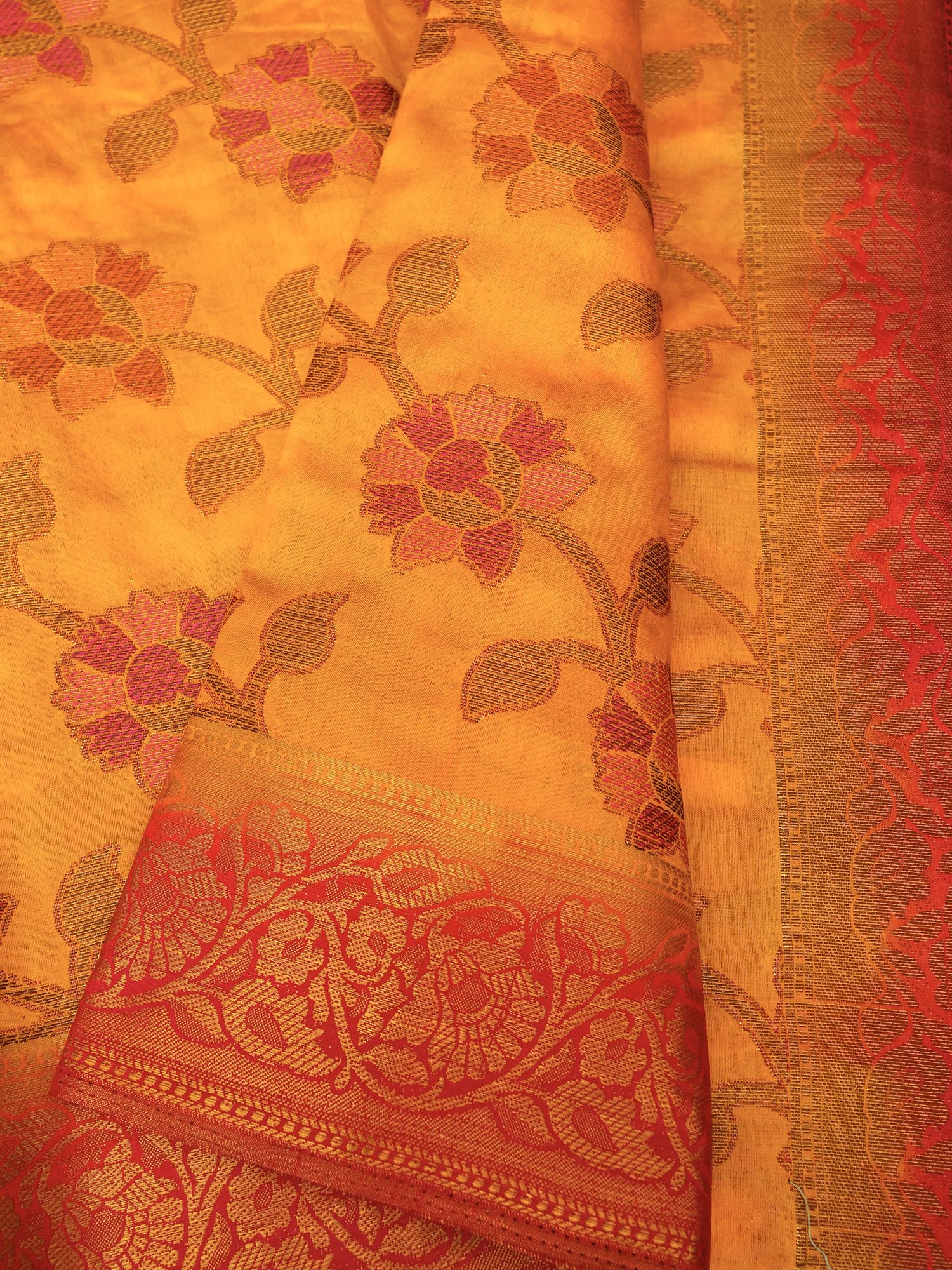 Saffron Banarasi Dupion Silk Saree With Beautiful Floral Vine Pattern ...
