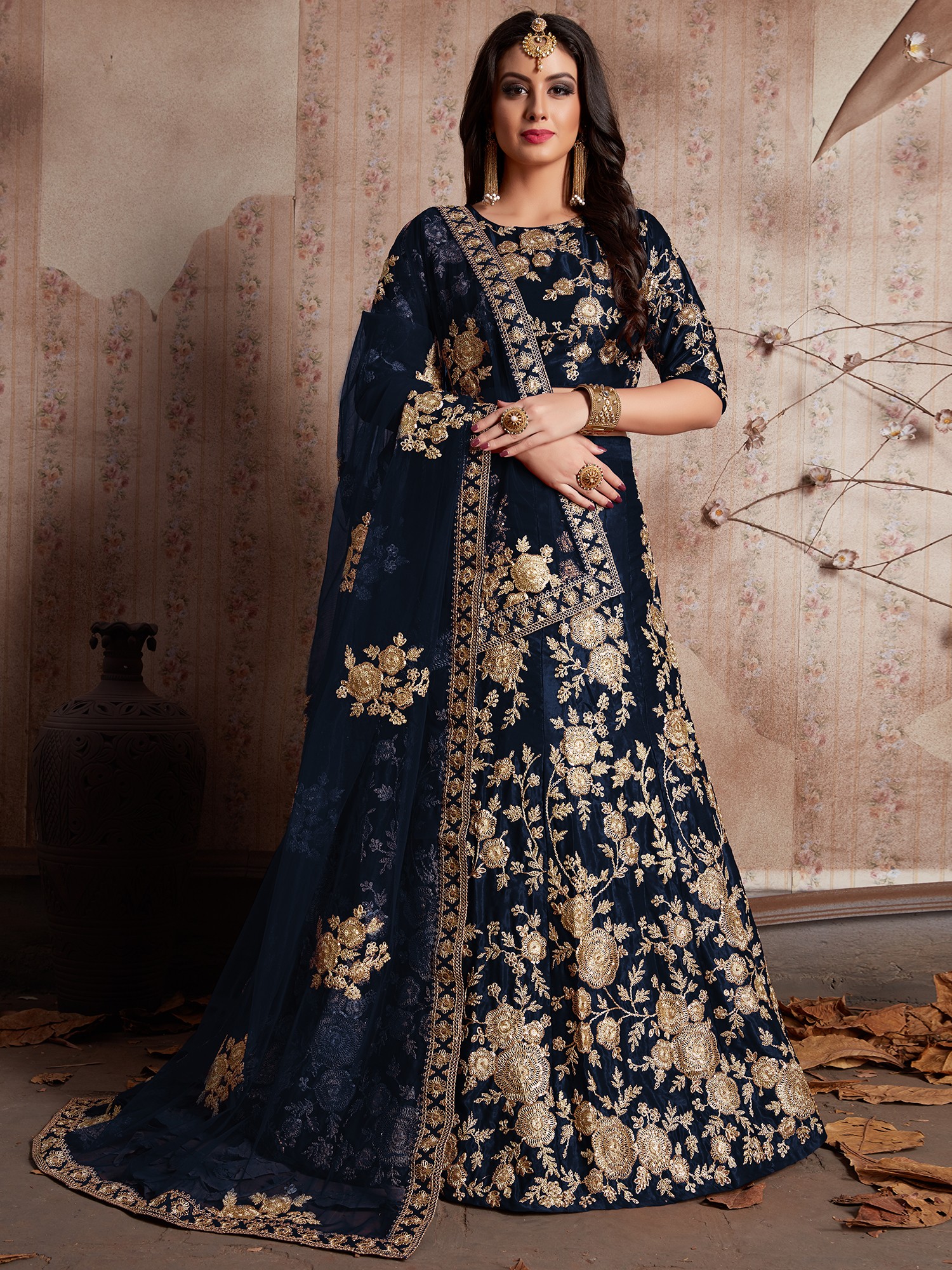 Velvet Silk Floral Vine Motif Lehenga Choli With Dori, Lace Work And ...
