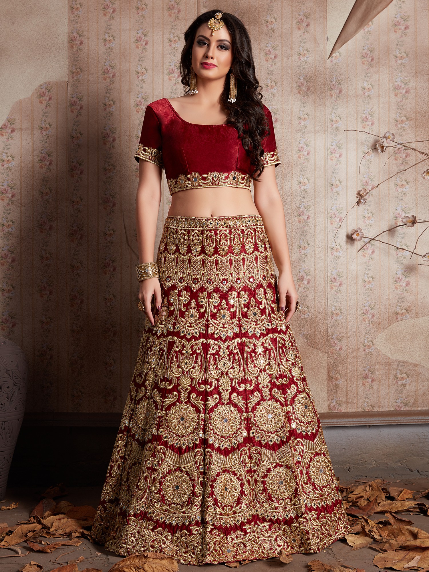 Velvet Silk Bridal Lehenga Choli With Embellished Mirror Work with ...