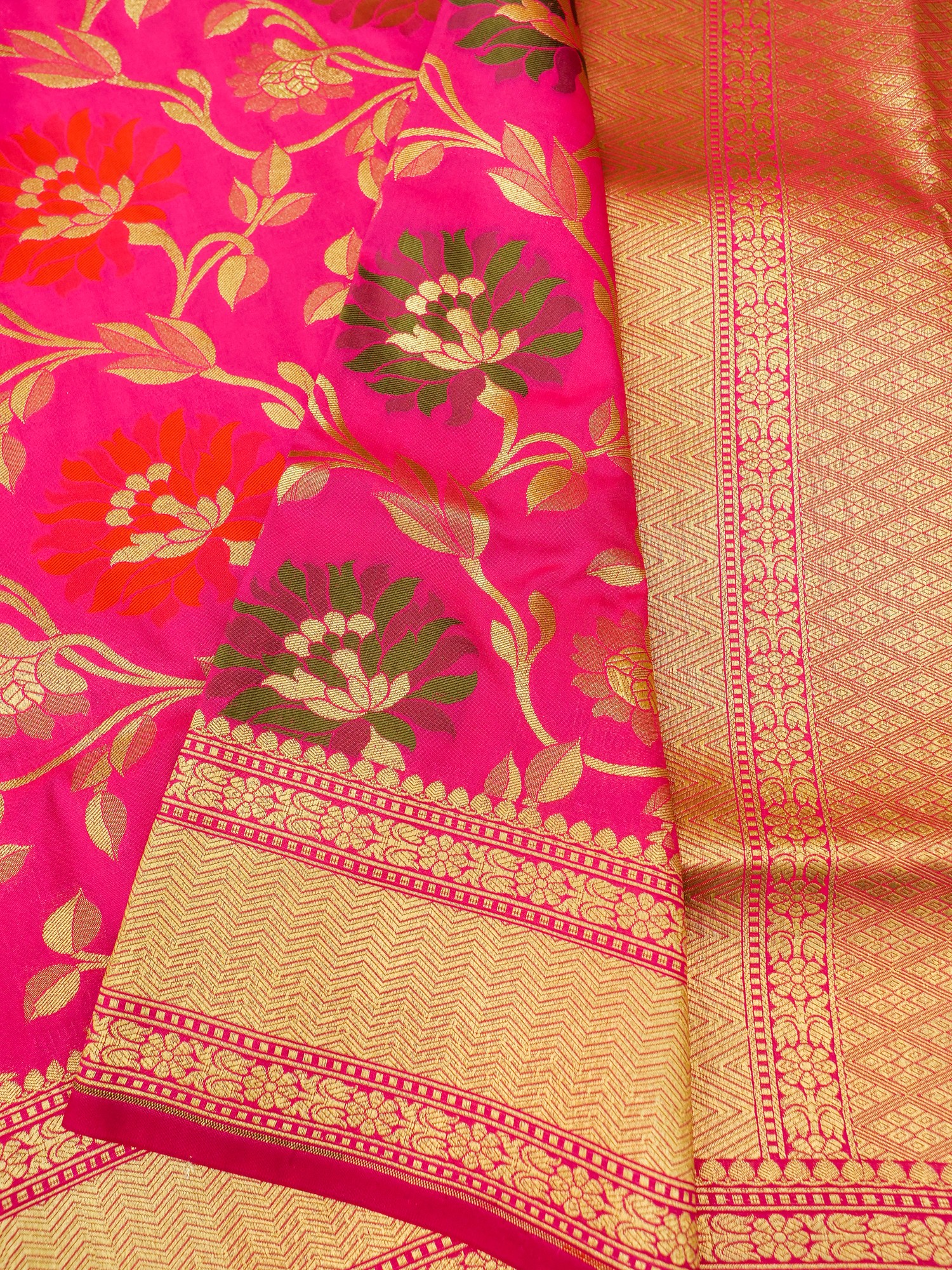 Bold Chrysanthemum Vine Meena Buta Work Banarasi Katan Silk Saree and ...