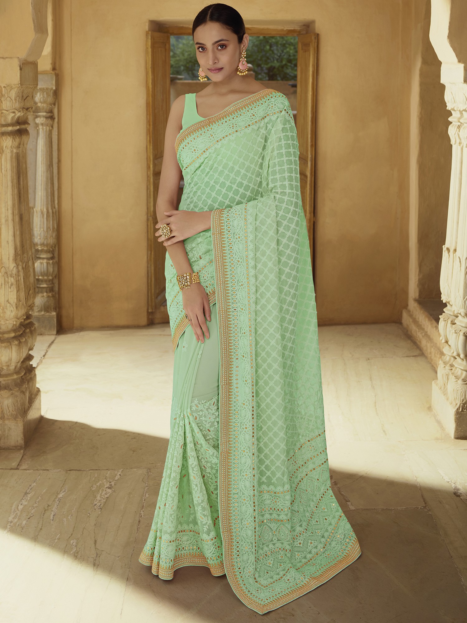 Georgette Designer Chikankari Saree With Jaal Pattern And Thread, Dori ...