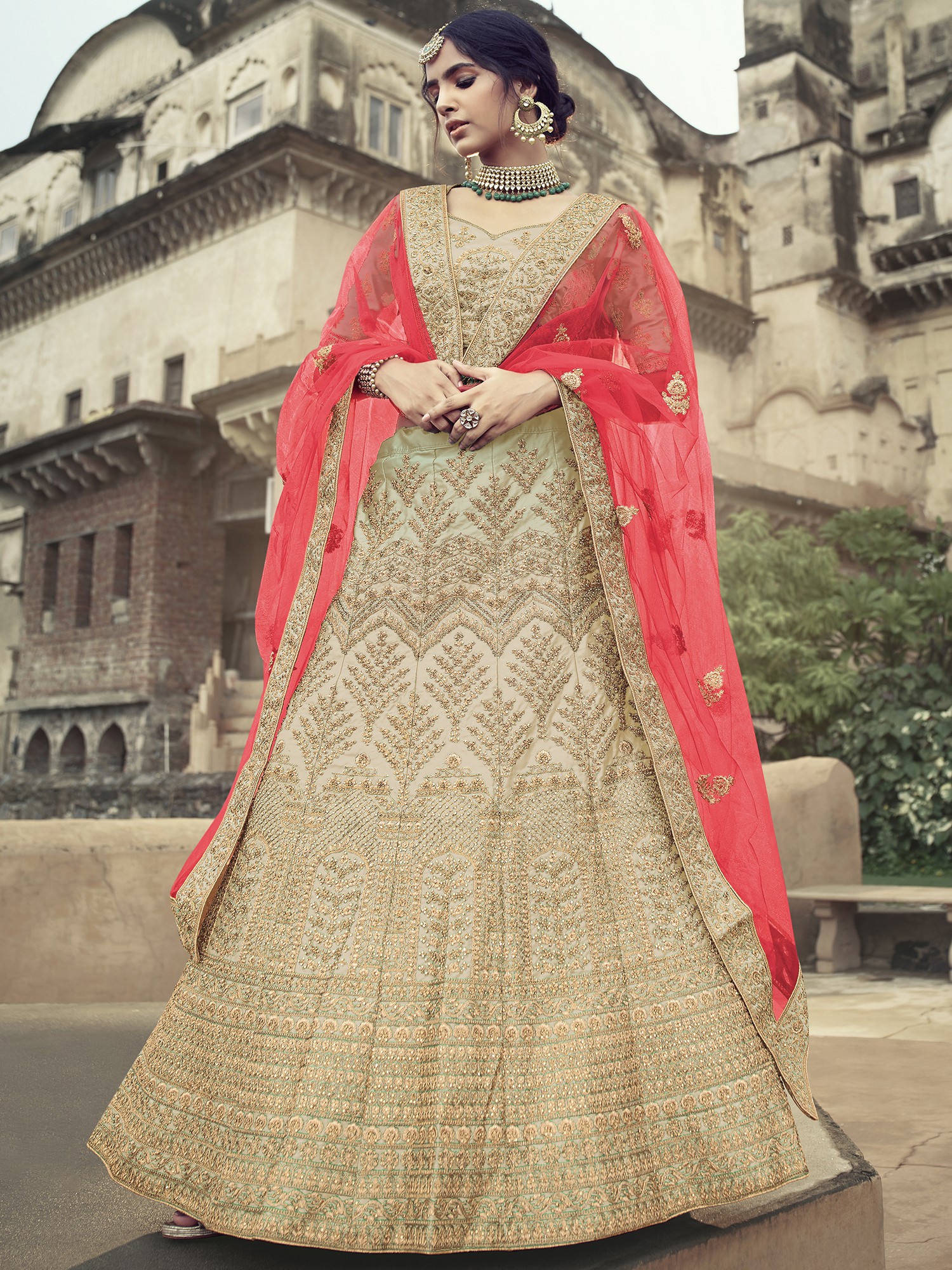 Satin Floral Mughal Motif Bridal Lehenga Choli With All-Over Glitter ...