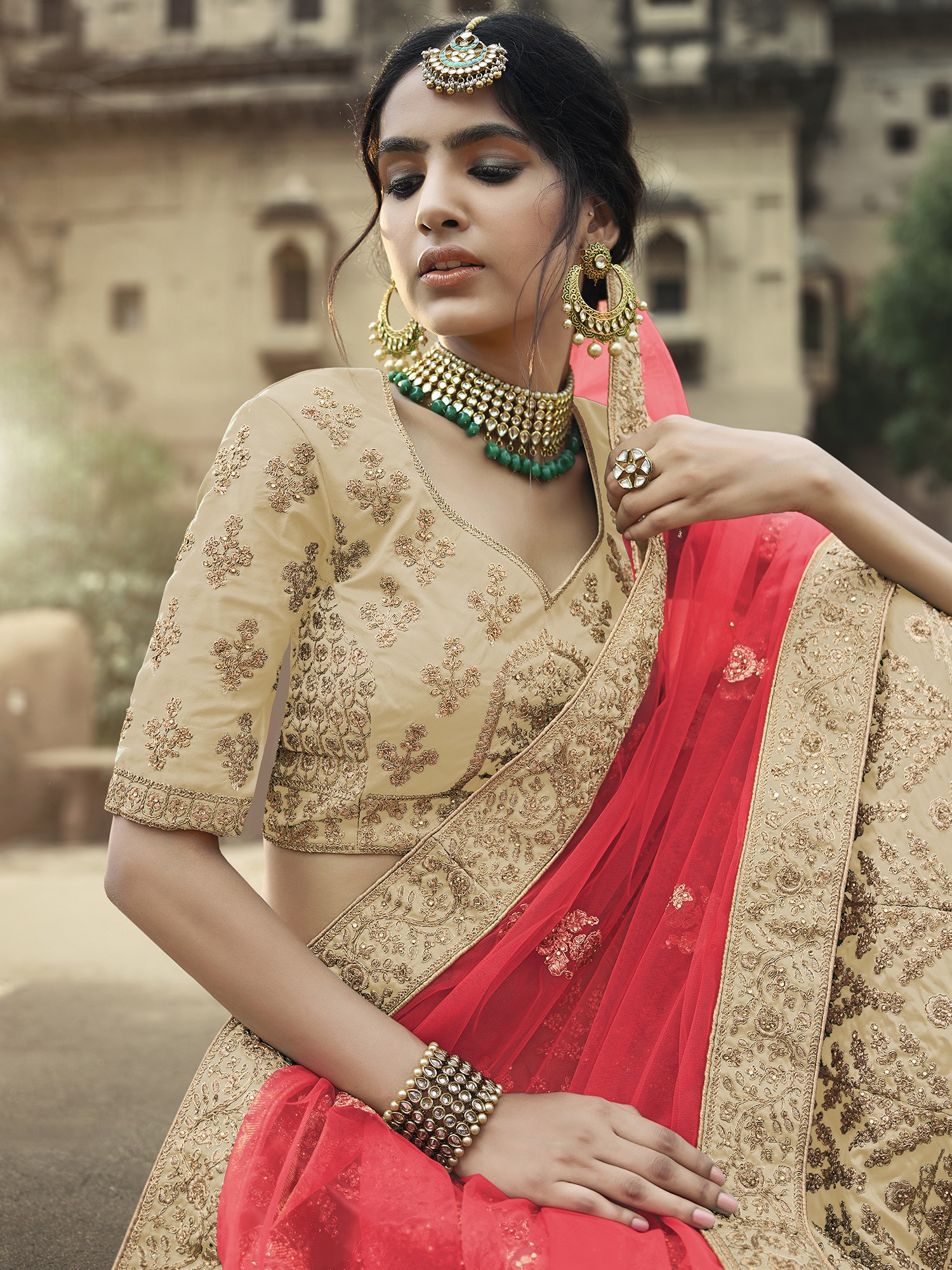 Satin Floral Mughal Motif Bridal Lehenga Choli With All-Over Glitter ...