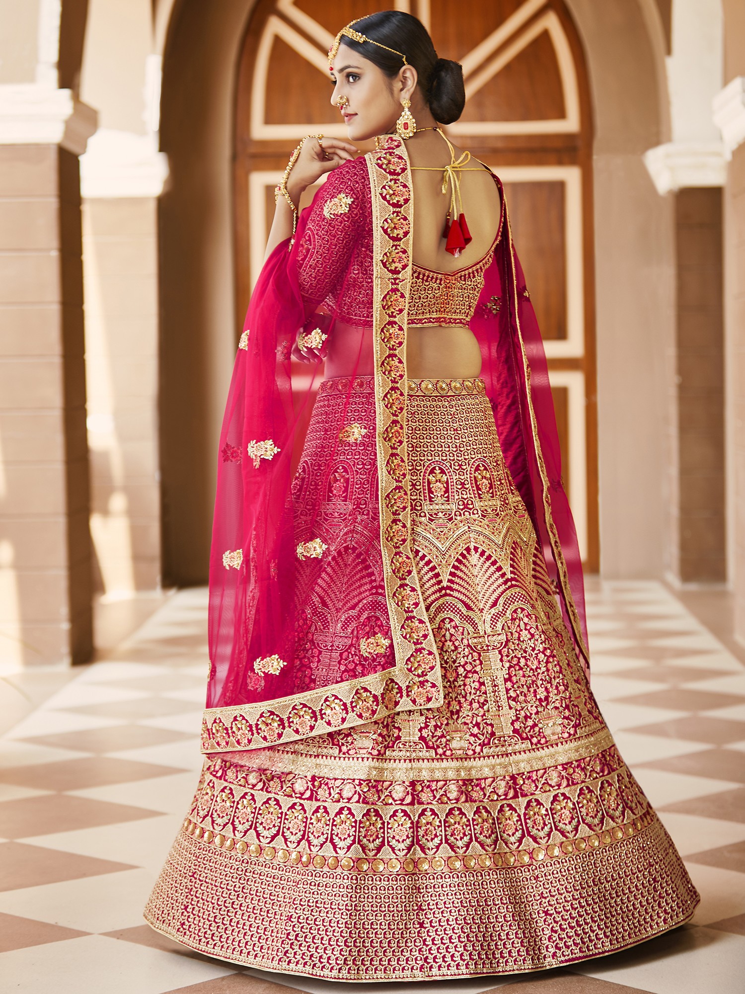 Rose-Pink Velvet Bridal Lehenga Choli With Mughal Motif Stone Dori Work ...