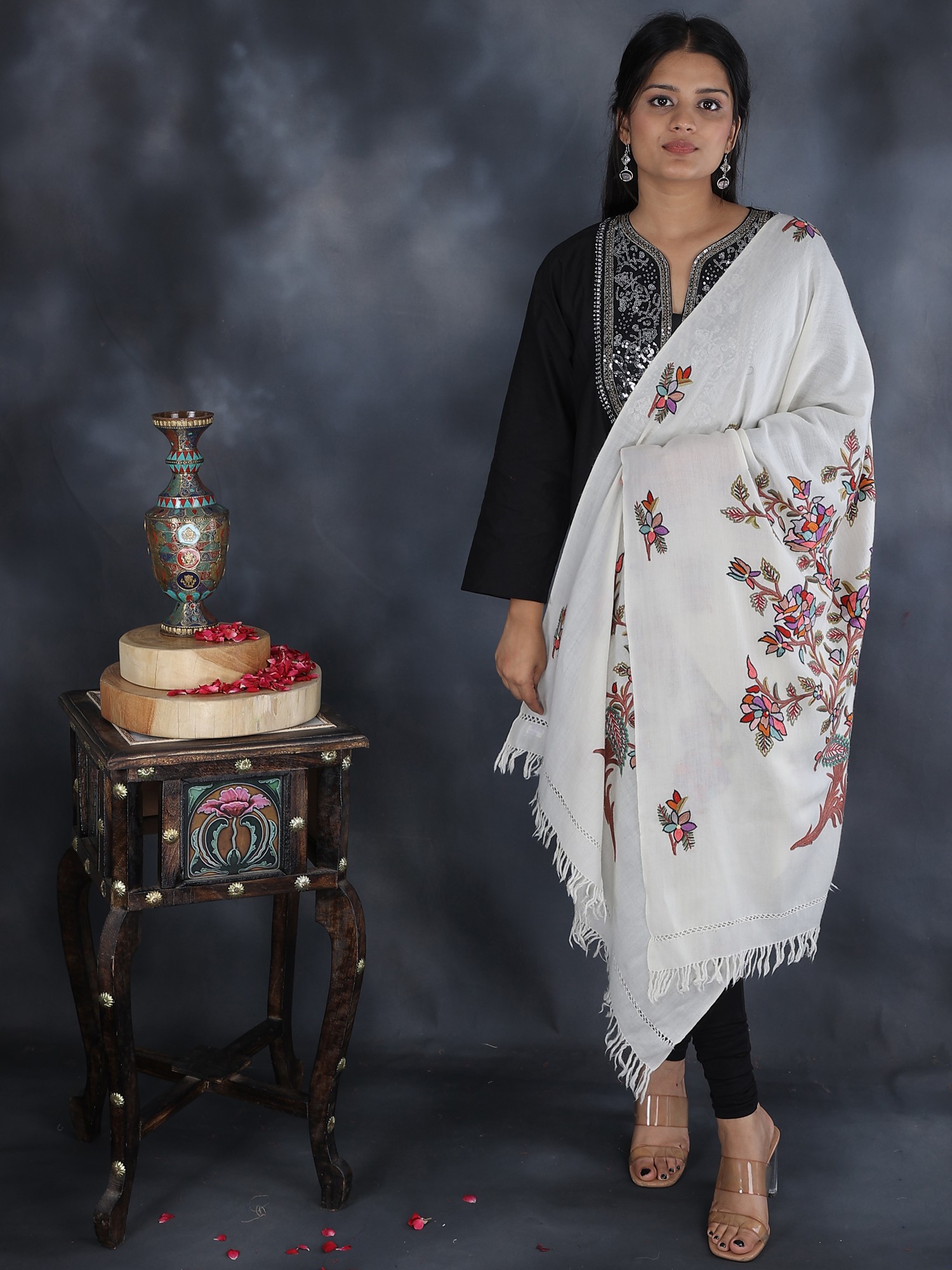 Antique-White Stole from Kashmir with Bold Multicolor Aari-Embroidered ...