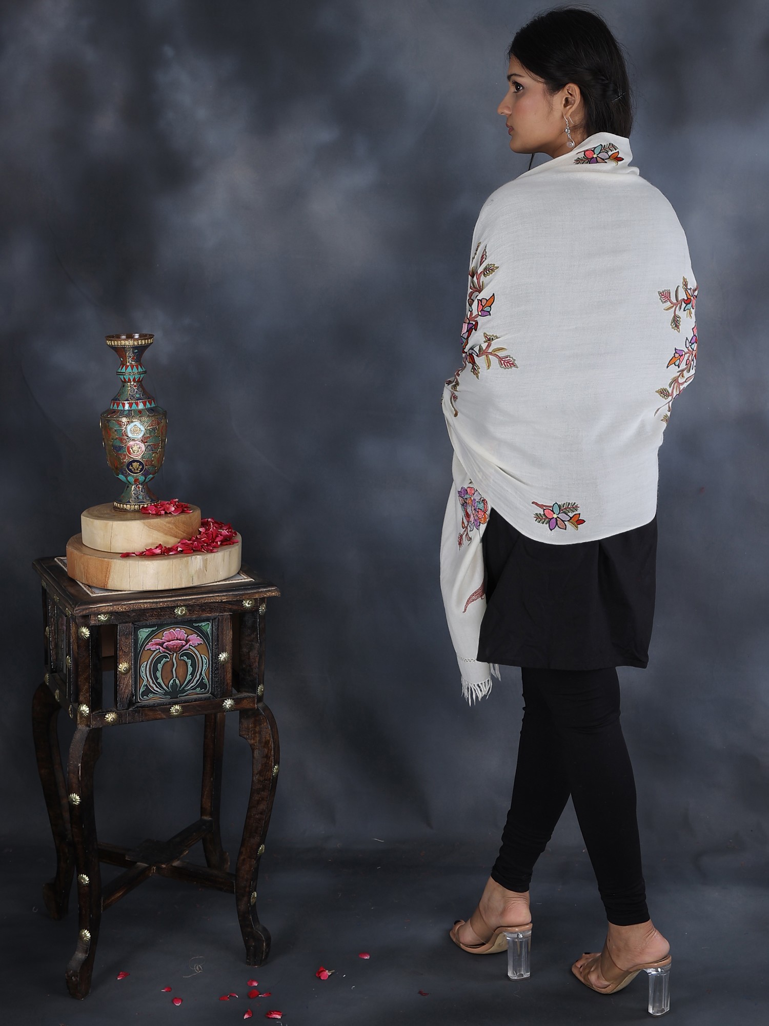 Antique-White Stole from Kashmir with Bold Multicolor Aari-Embroidered ...