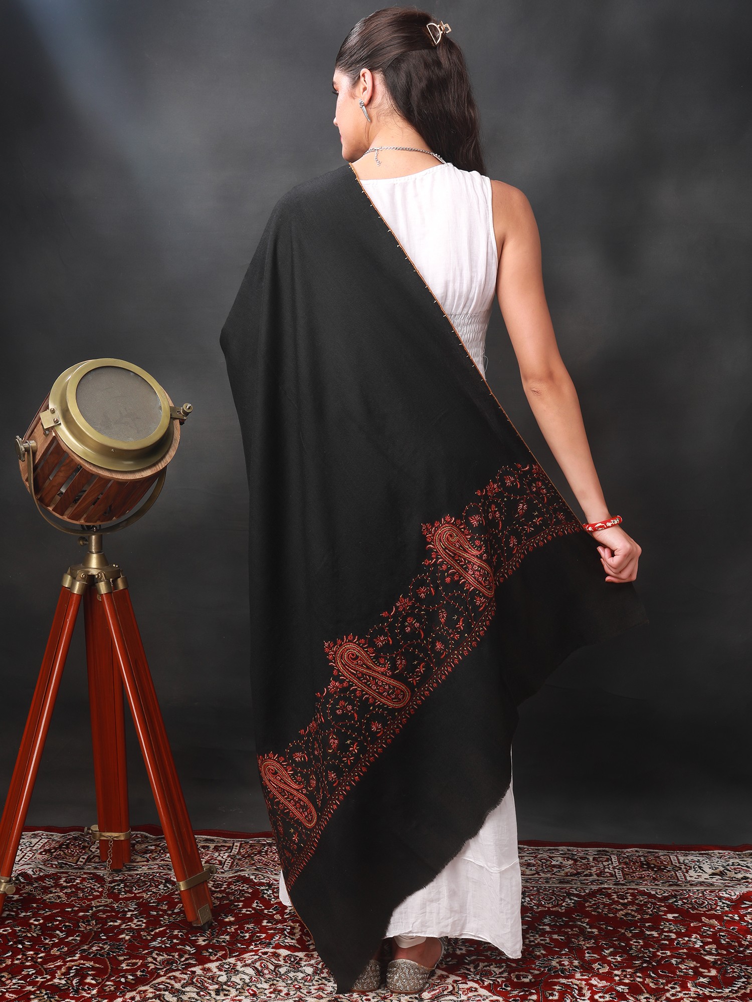 Caviar-Black Hand-Embroidered Sozni Shawl With Floral-Paisley Jaal ...