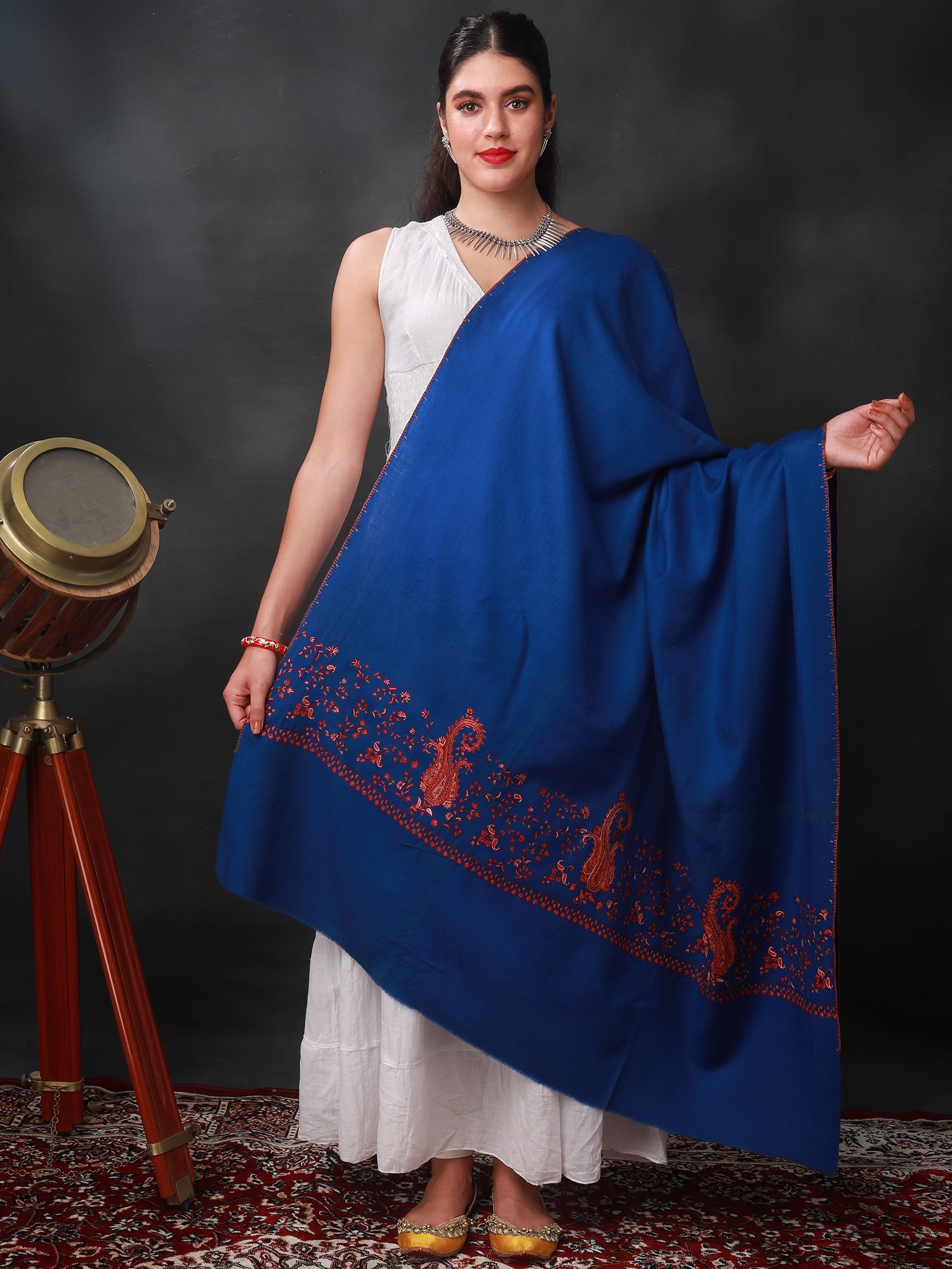 Royal-Blue Sozni Shawl With Hand-Embroidered Paisley Vine Pattern ...