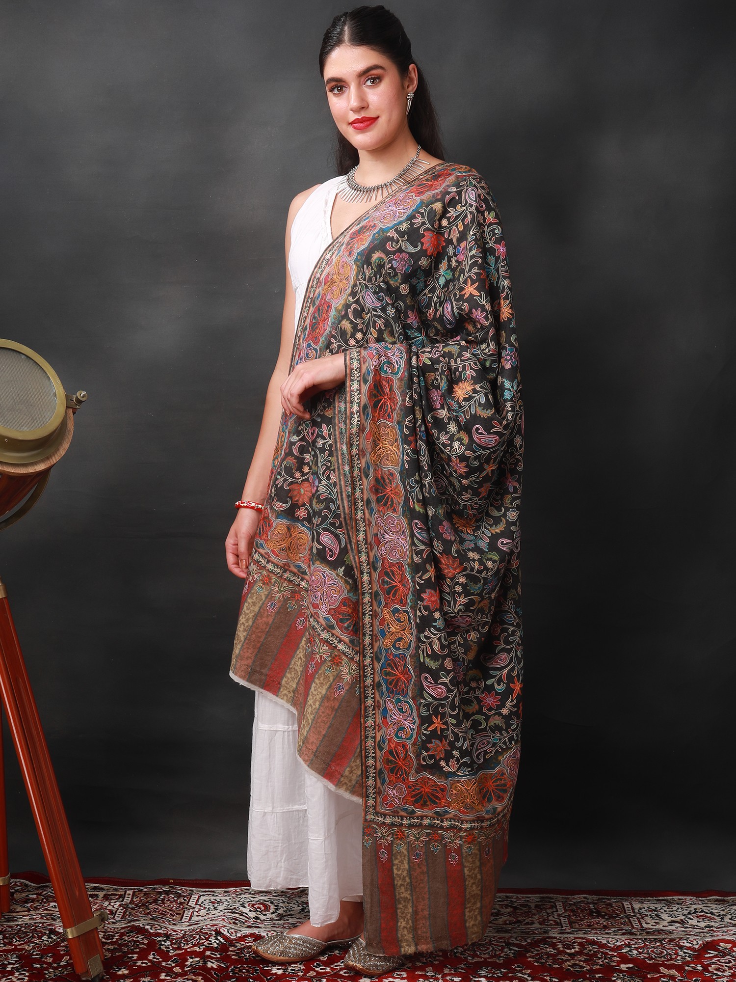 Handwoven Graphite Pure Wool Shawl from Kashmir with Kalamkari Hand-Embroidered | Exotic India Art