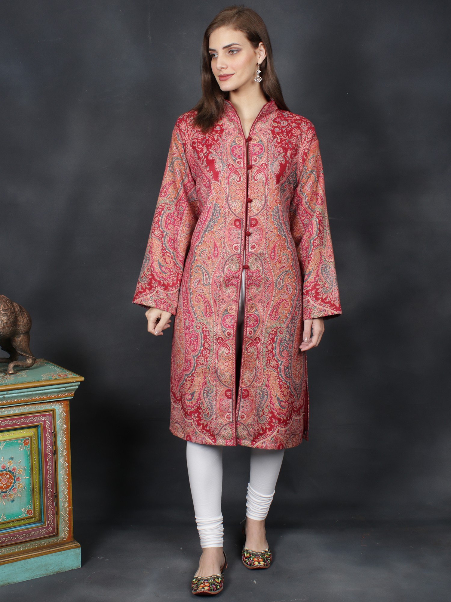 Urban-Red Long Jamawar Woolen Jacket With Woven Floral-Paisley Motif ...