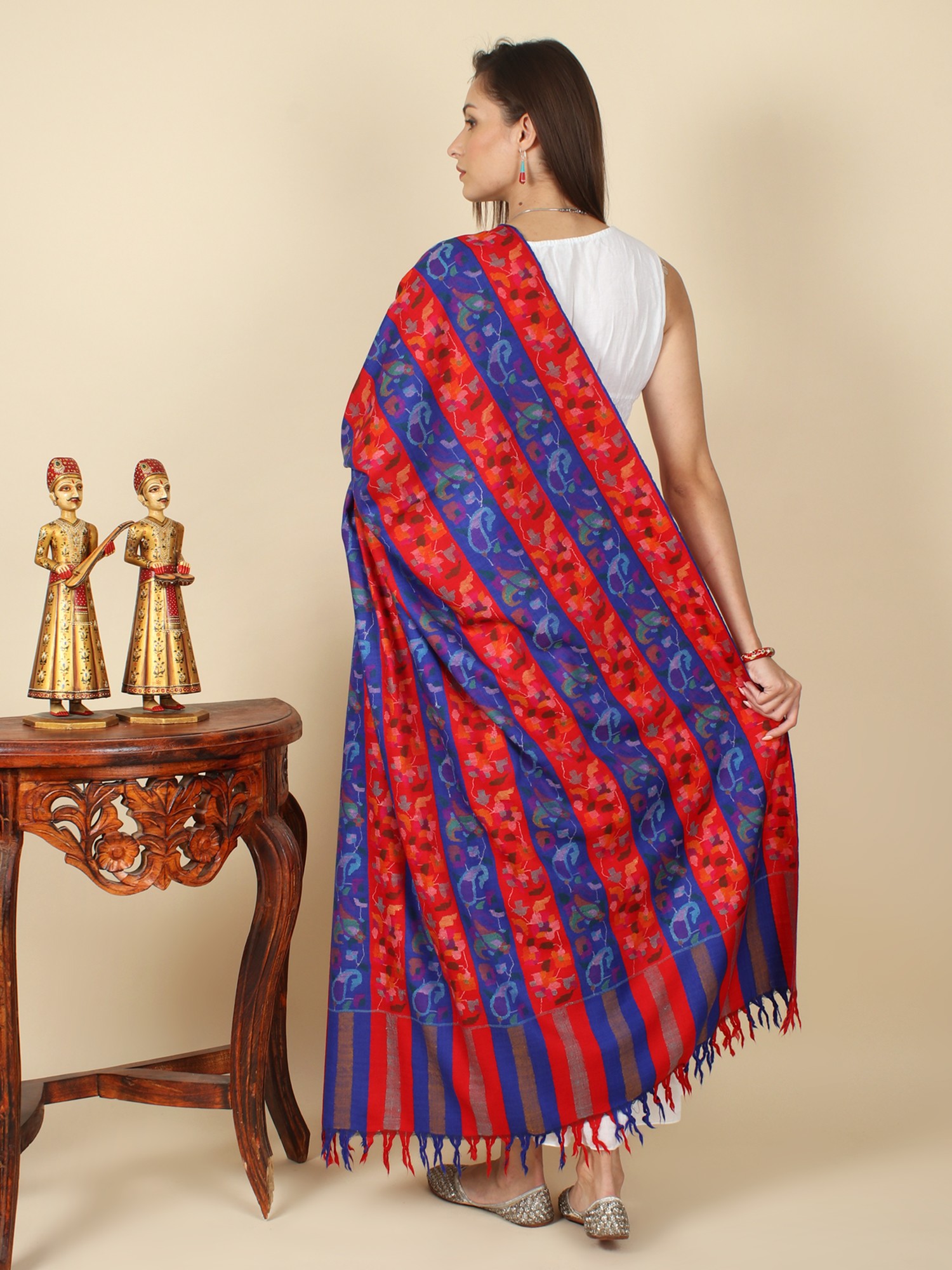 Handloom Kani Pure Pashmina Shawl with Dual Color Striped Kalga Pattern ...