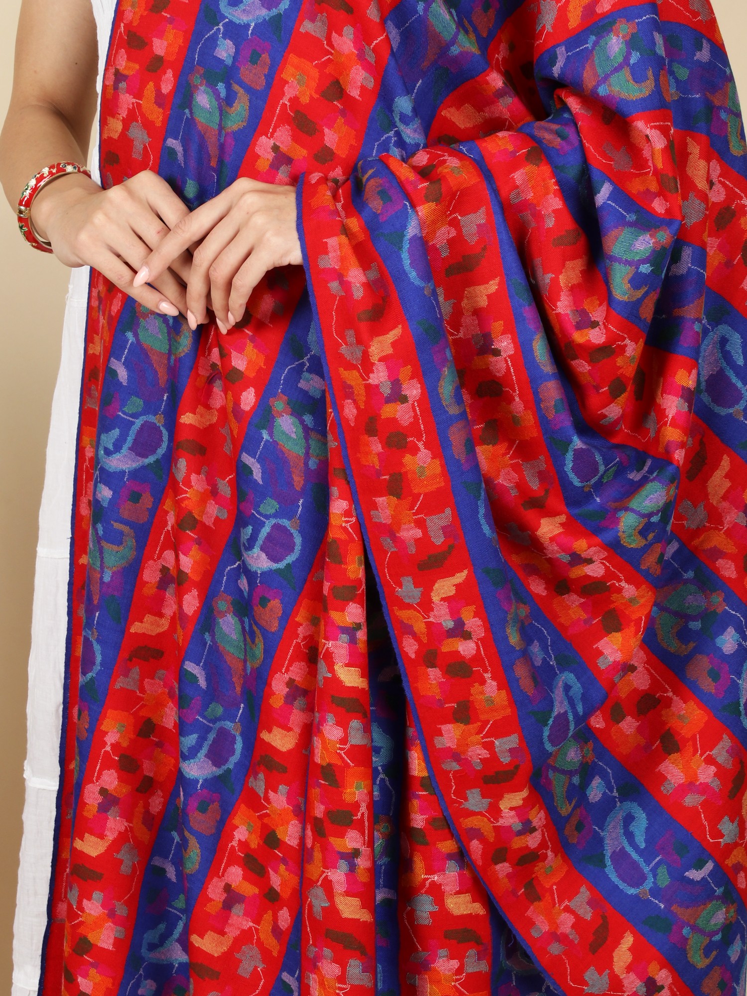 Handloom Kani Pure Pashmina Shawl with Dual Color Striped Kalga Pattern ...
