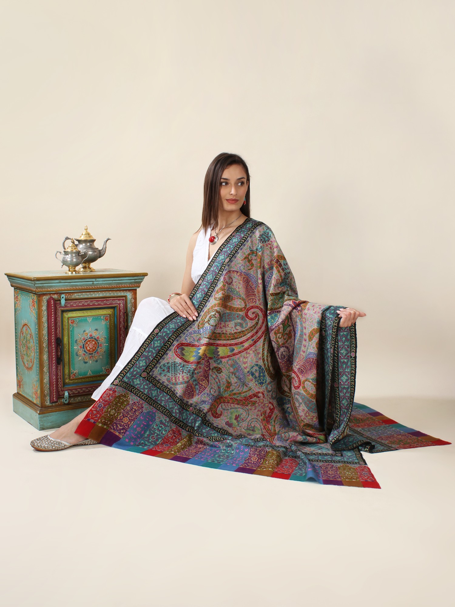 Multicolor Pure Pashmina Dry Brush Pattern Boteh Kalamkari Embroidered Shawl | Exotic India Art