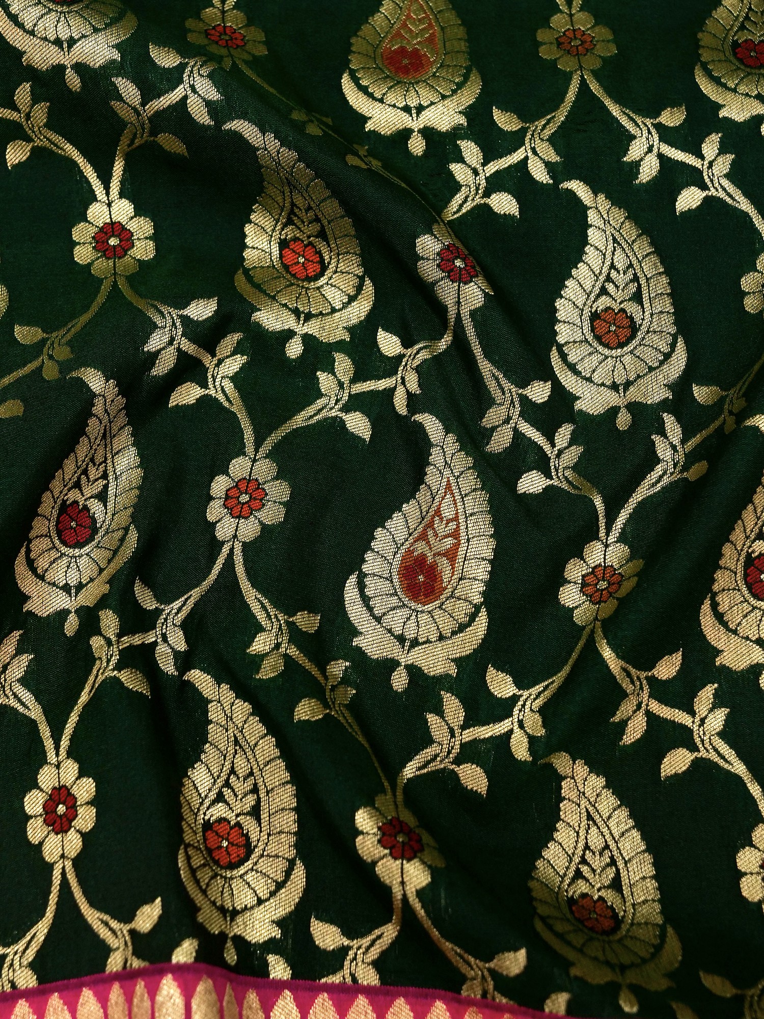 Dark-Green Katan Silk Paisley Vine Meena Butta Banarasi Saree And ...