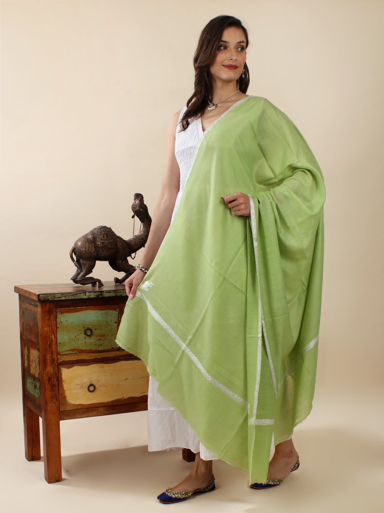 Lettuce-Green Pure Pashmina Shawl With Hand-Embroidered Sozni Silk ...