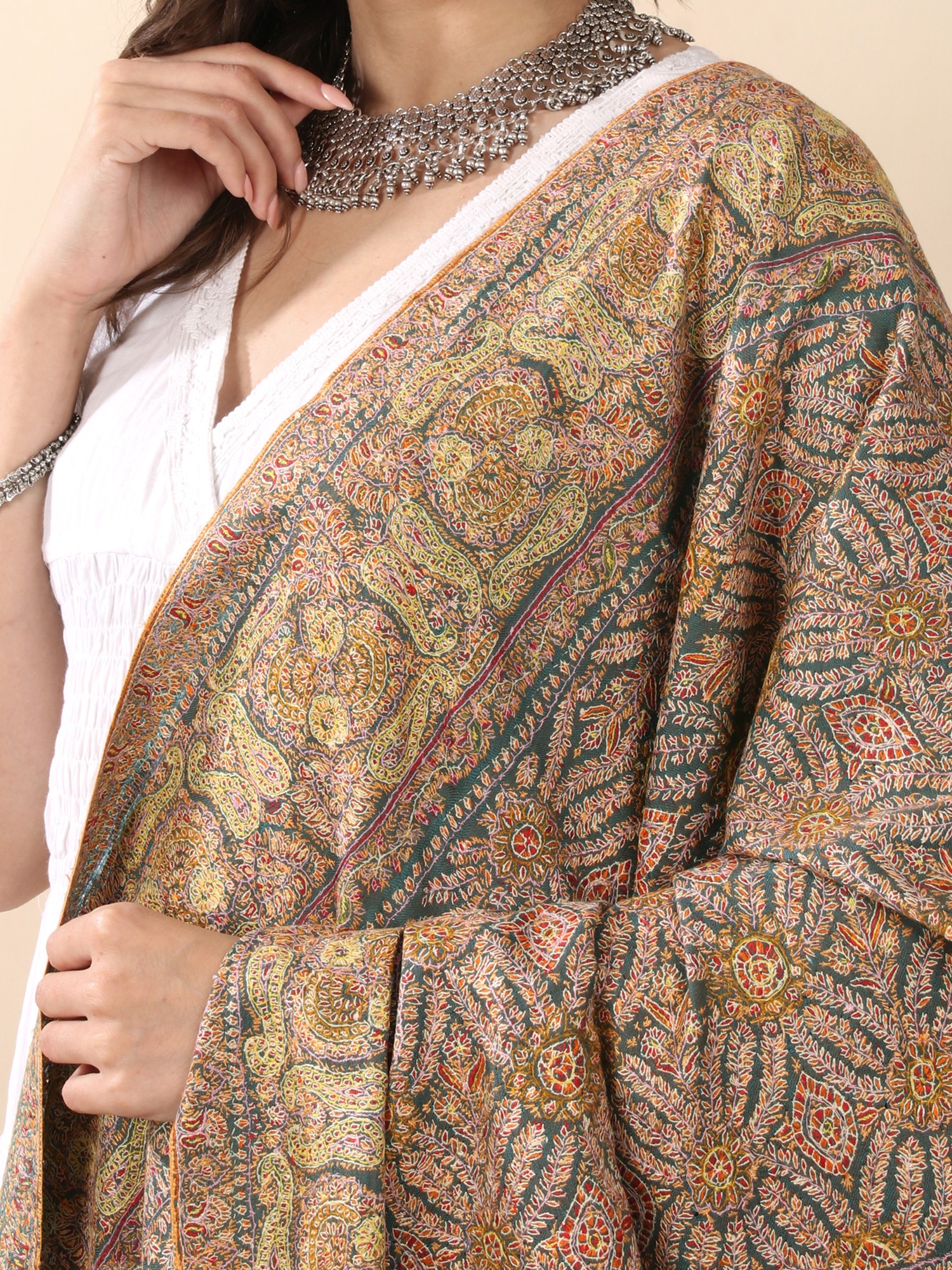 Multicolor Pure Pashmina Hand-Embroidered Sozni Jamawar Shawl with ...