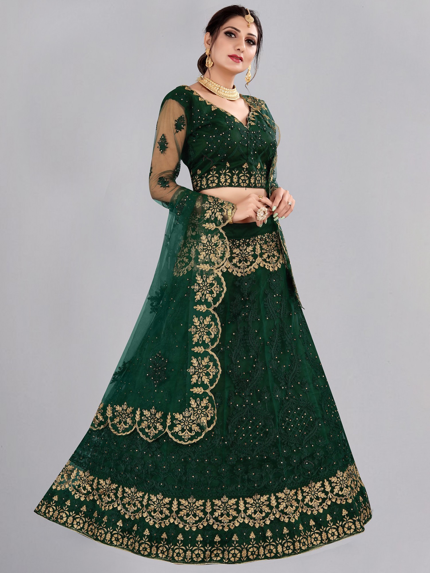 Net A-Line Designer Lehenga Choli With Floral Pattern Thread Embroidery ...
