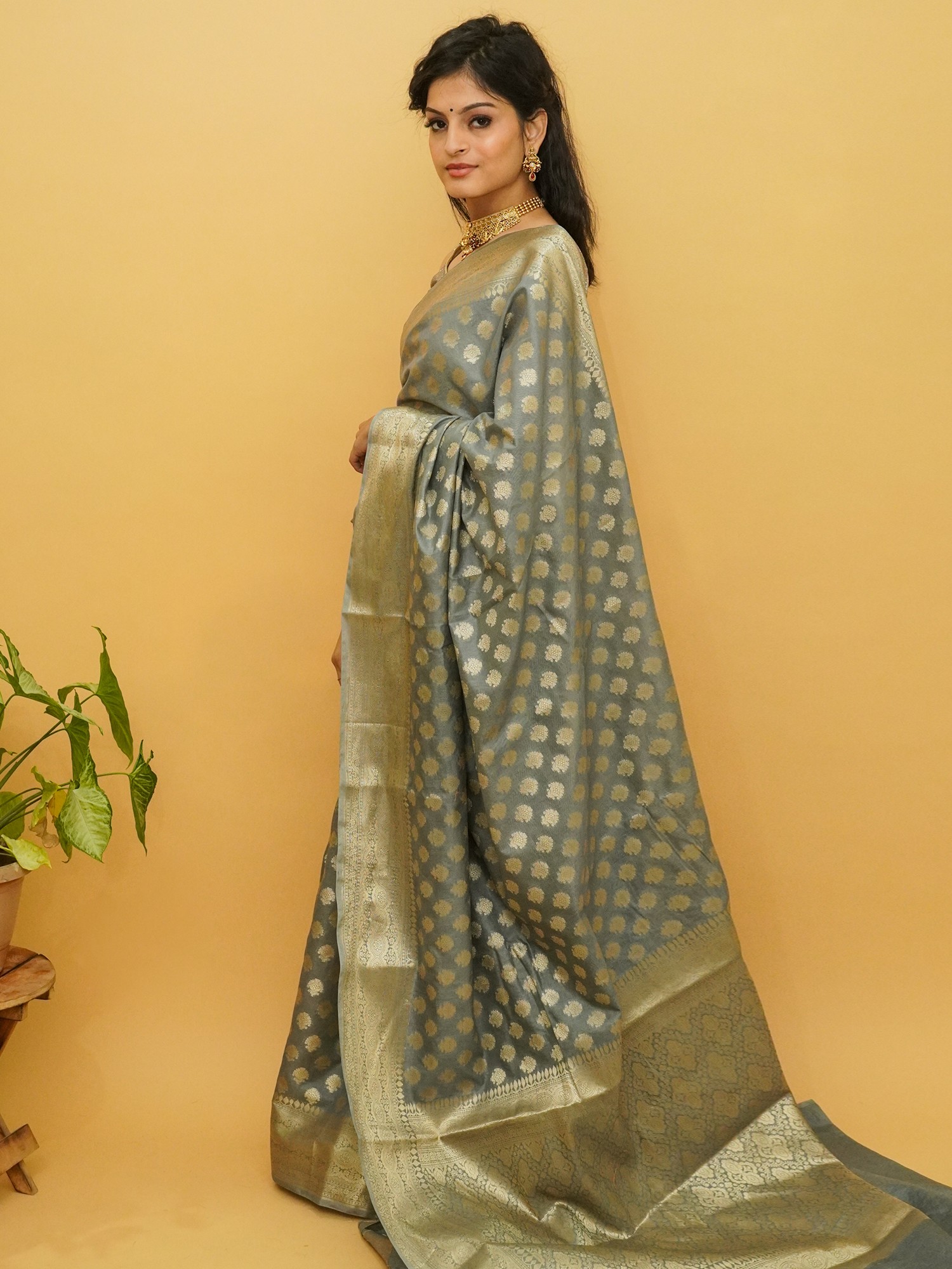 Puritan-Gray Banarasi Tusser Silk Saree with Floral Butta & Zari ...