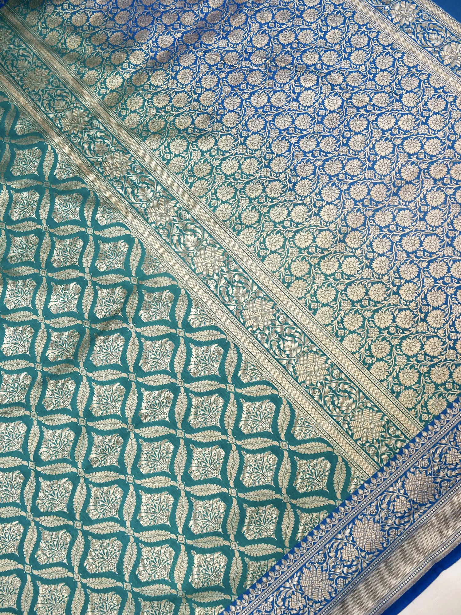 Bristol-Blue Banarasi Katan Silk Saree With Ogee Pattern And Contrast ...