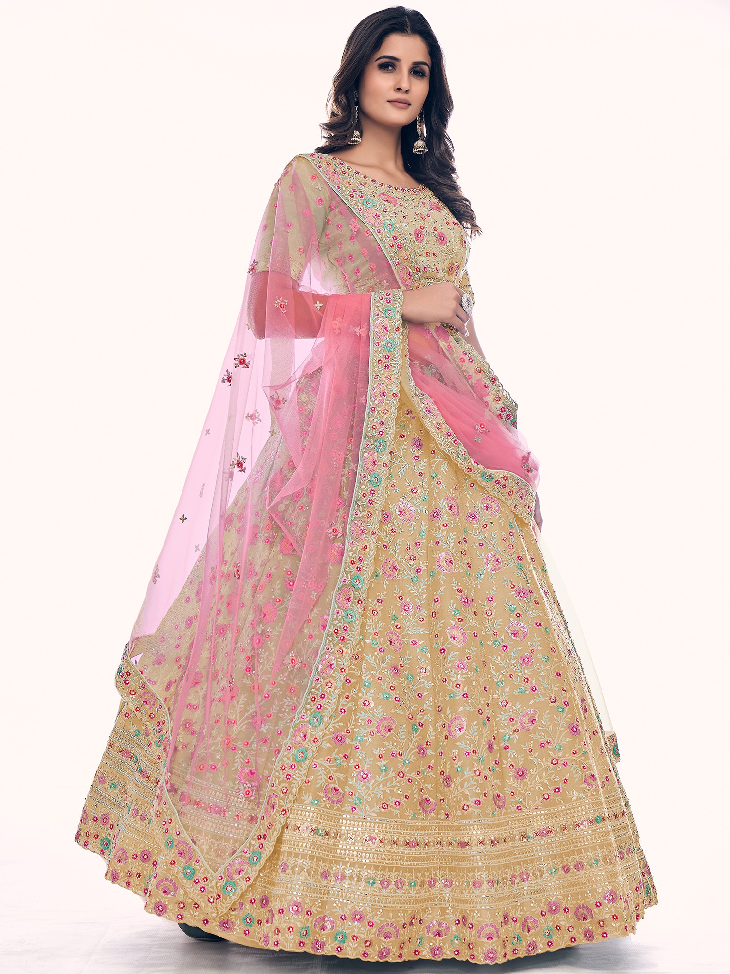 Lehenga Choli Set in Soft Net with Zarkan Embroidered Meena Phool Bail ...
