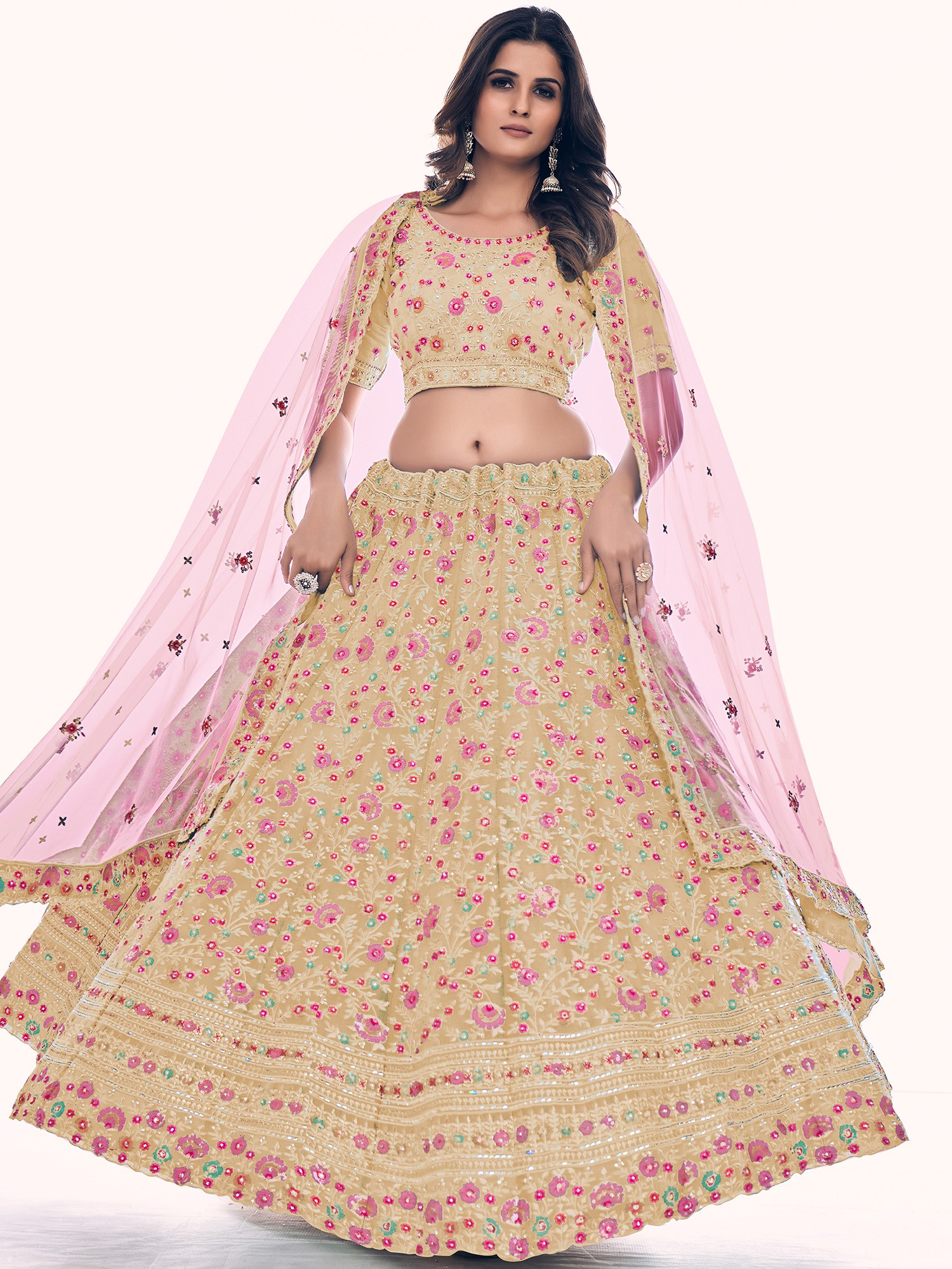 Lehenga Choli Set in Soft Net with Zarkan Embroidered Meena Phool Bail ...