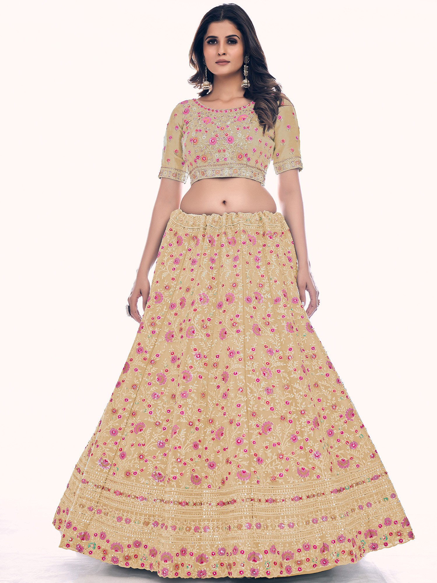 Lehenga Choli Set in Soft Net with Zarkan Embroidered Meena Phool Bail ...