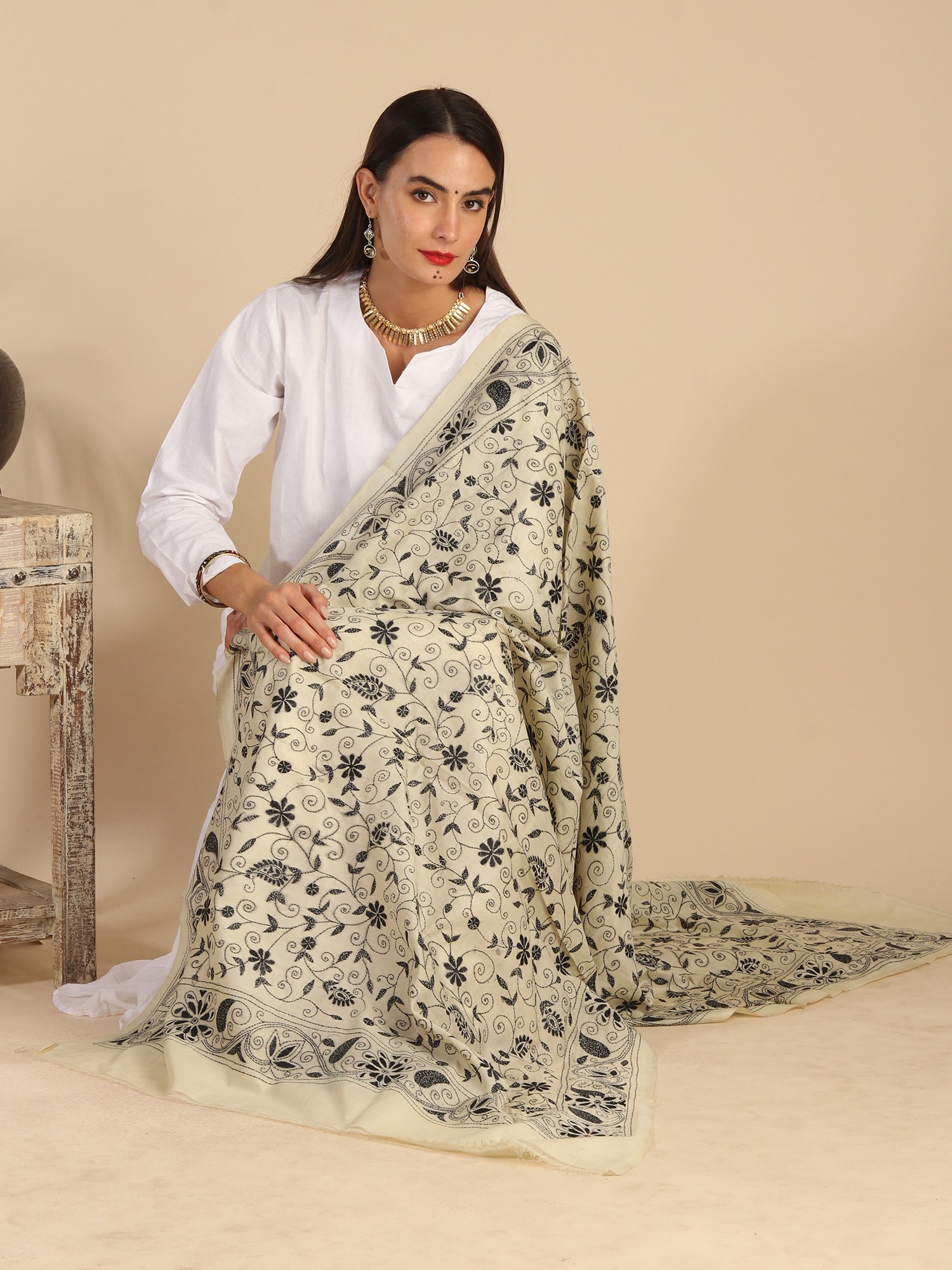 Hay Colored Semi-Tussar Nakshi Kantha Dupatta With Contrast Black Heavy ...