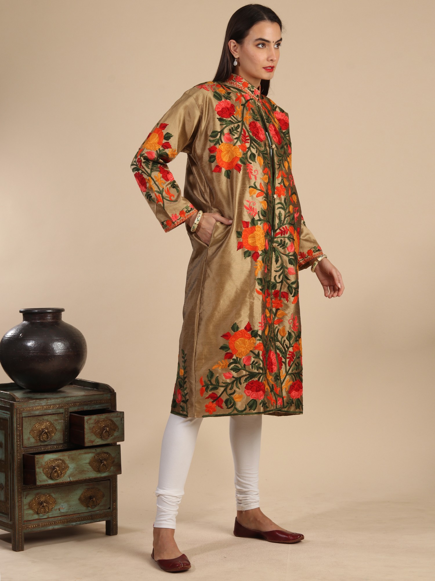 Art Silk Long Jacket From Kashmir With Aari-Embroidered All-Over Giant ...